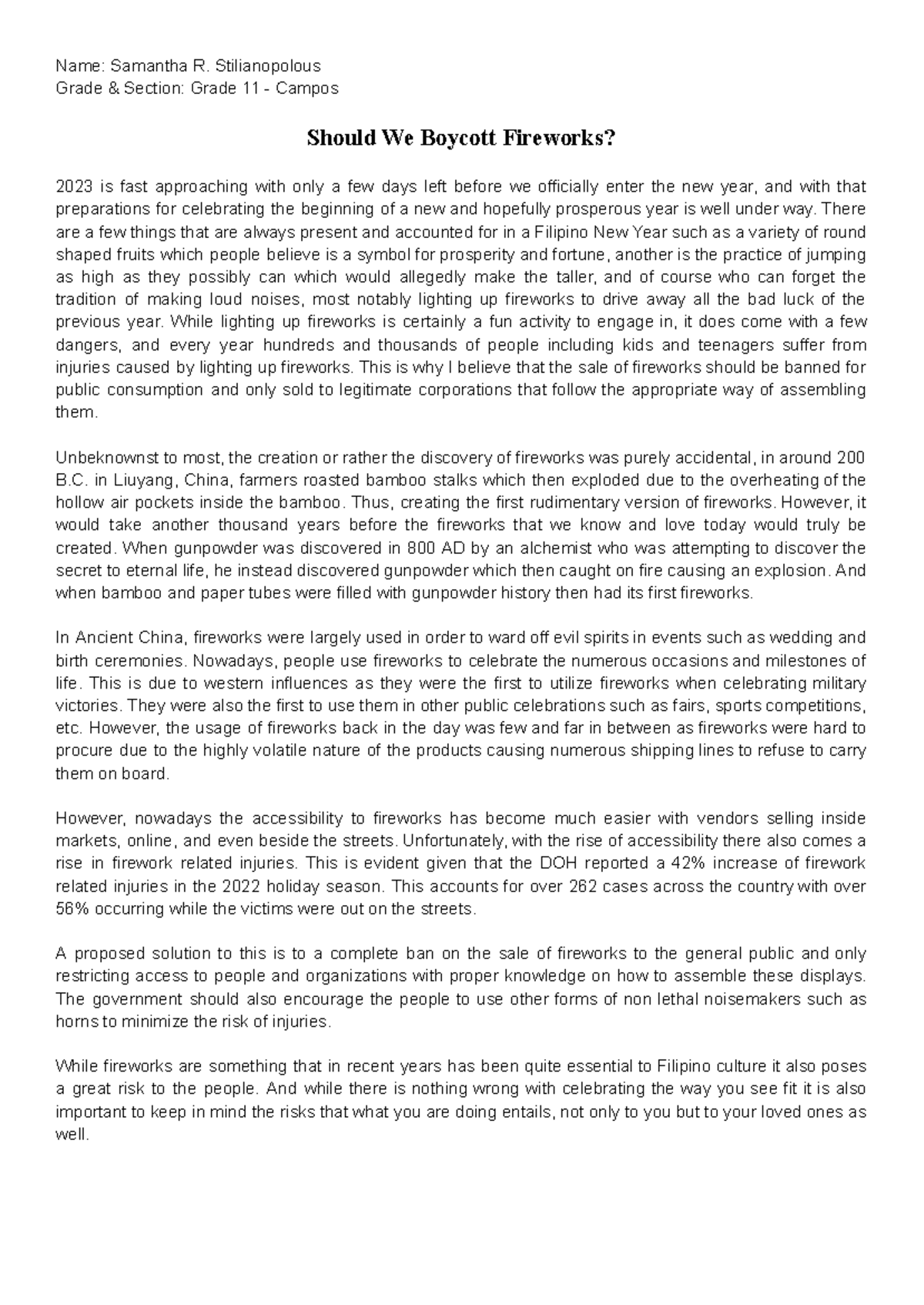 Position Paper - Name: Samantha R. Stilianopolous Grade & Section ...