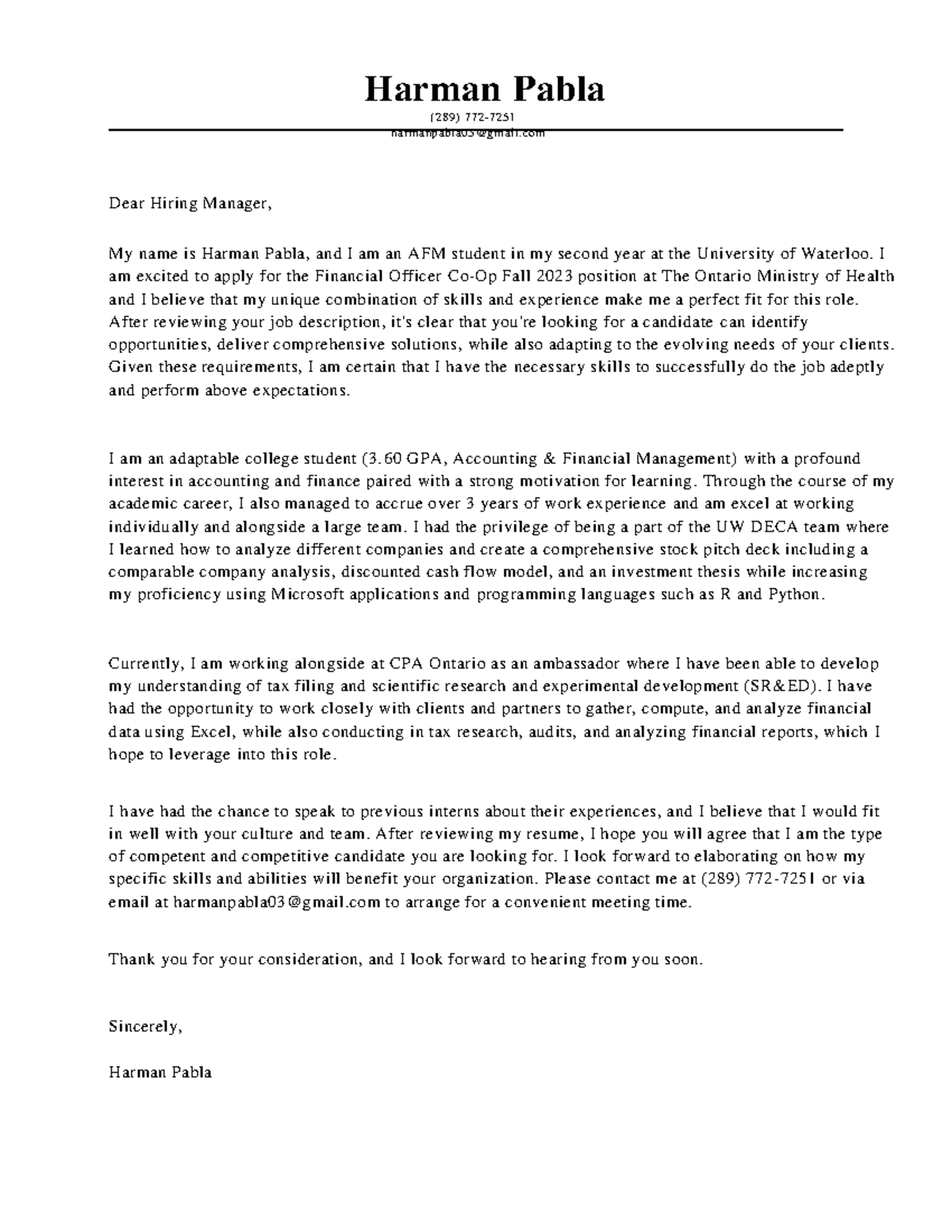 Harman Pabla Letter - rfrfr - AFM 274 - UWaterloo - Studocu