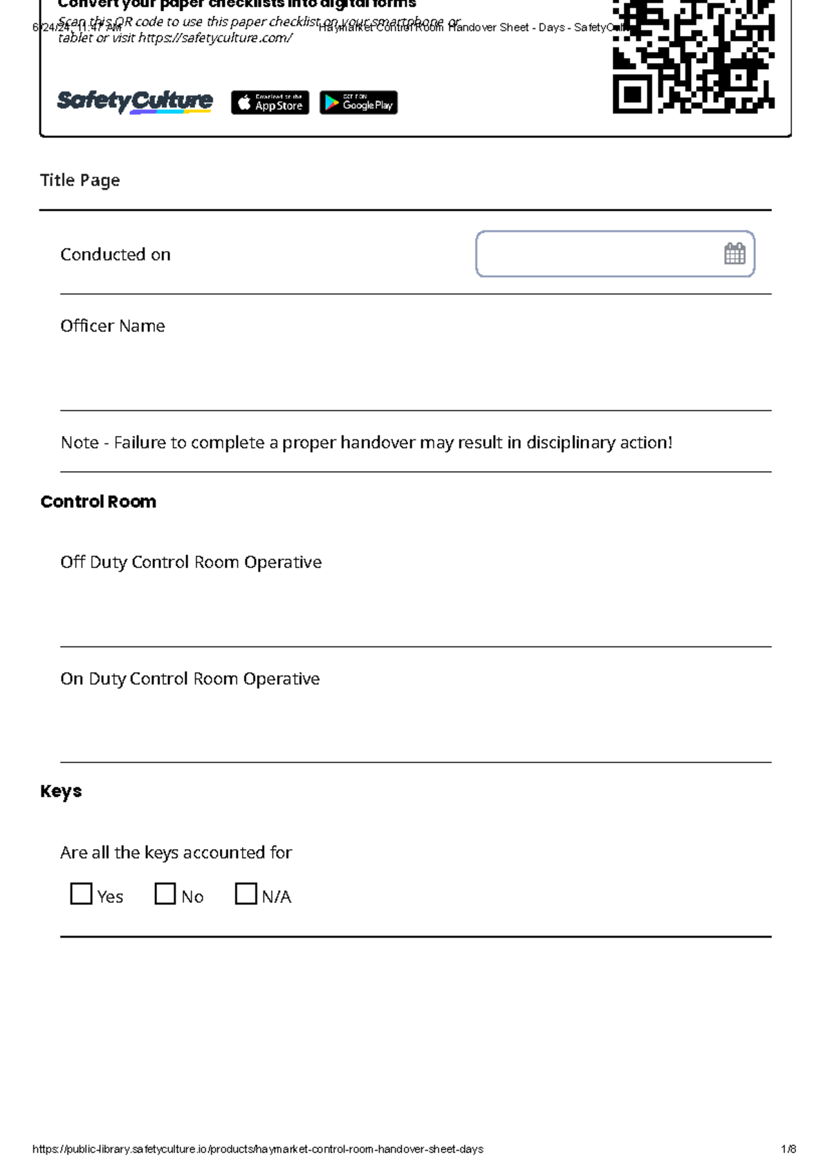 Control Room Handover Sheet - Days - The templates are intended to be ...