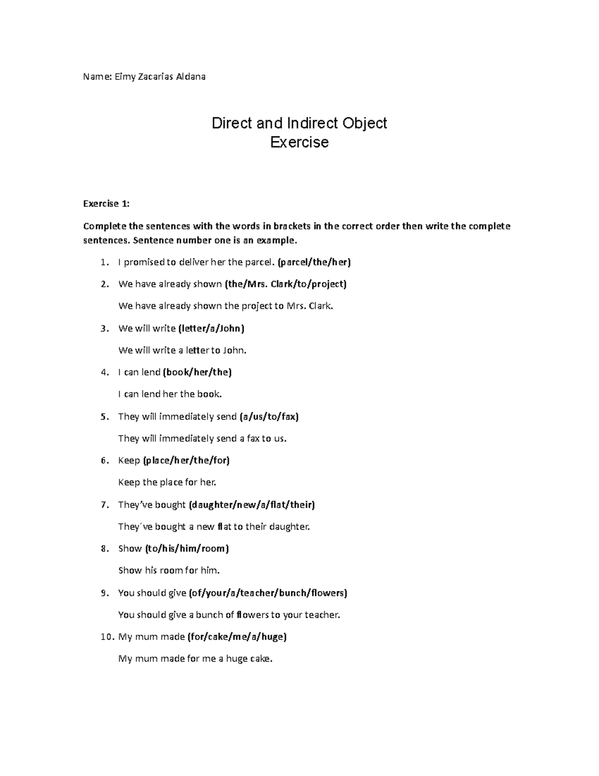 Direct and Indirect object quiz - Name: Eimy Zacarias Aldana Direct and ...