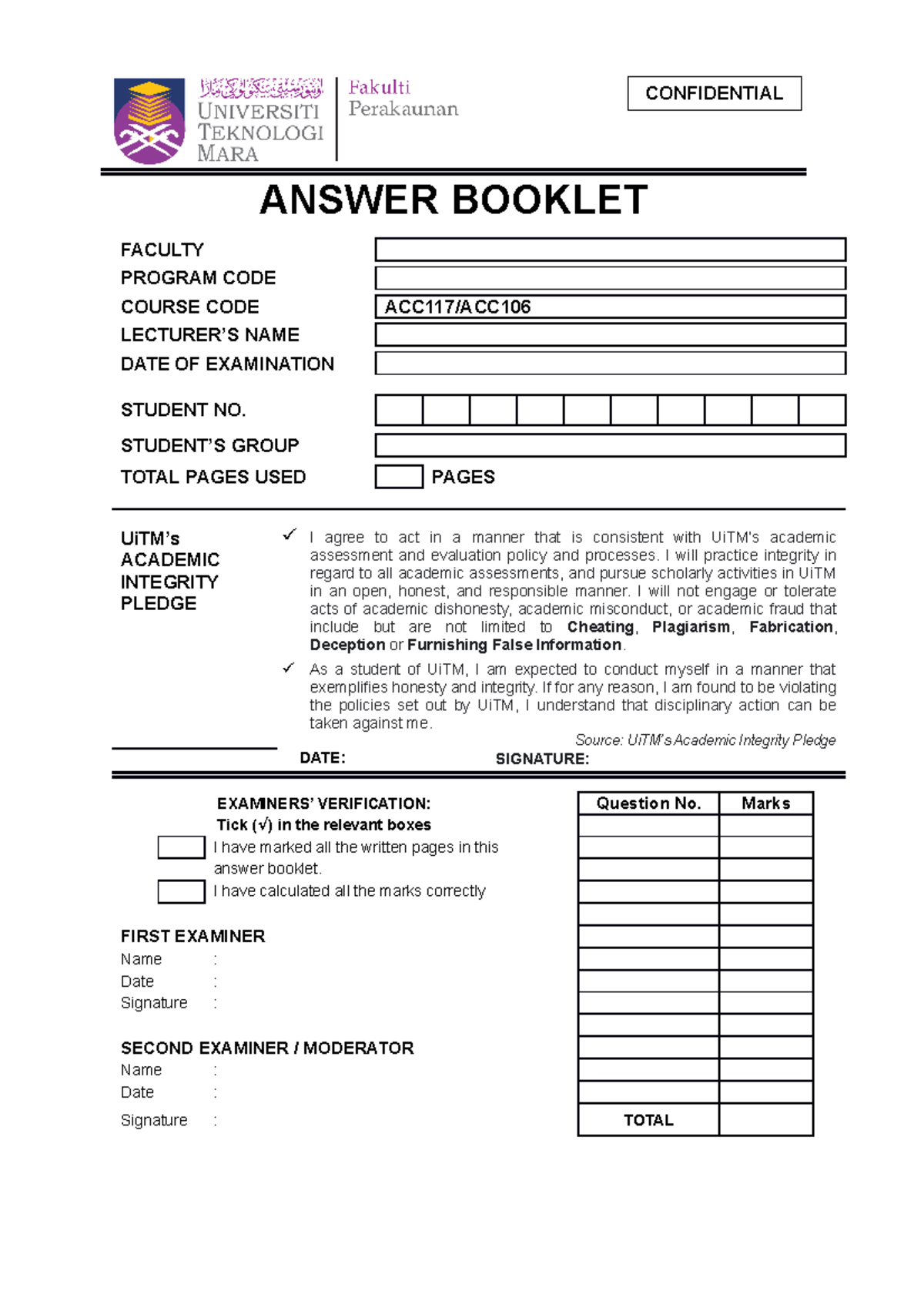 example for front cover test accounting - ANSWER BOOKLET FACULTY ...