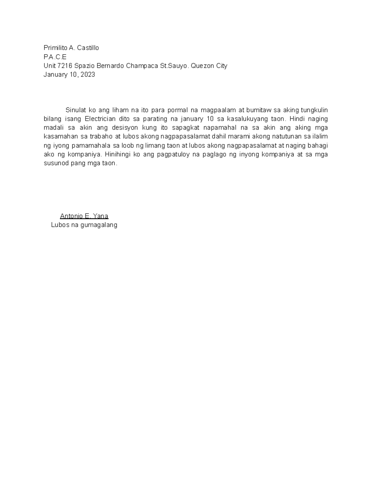 PAPA TONY - EXAMPLE OF LETTERS - Primilito A. Castillo P.A.C Unit 7216 ...