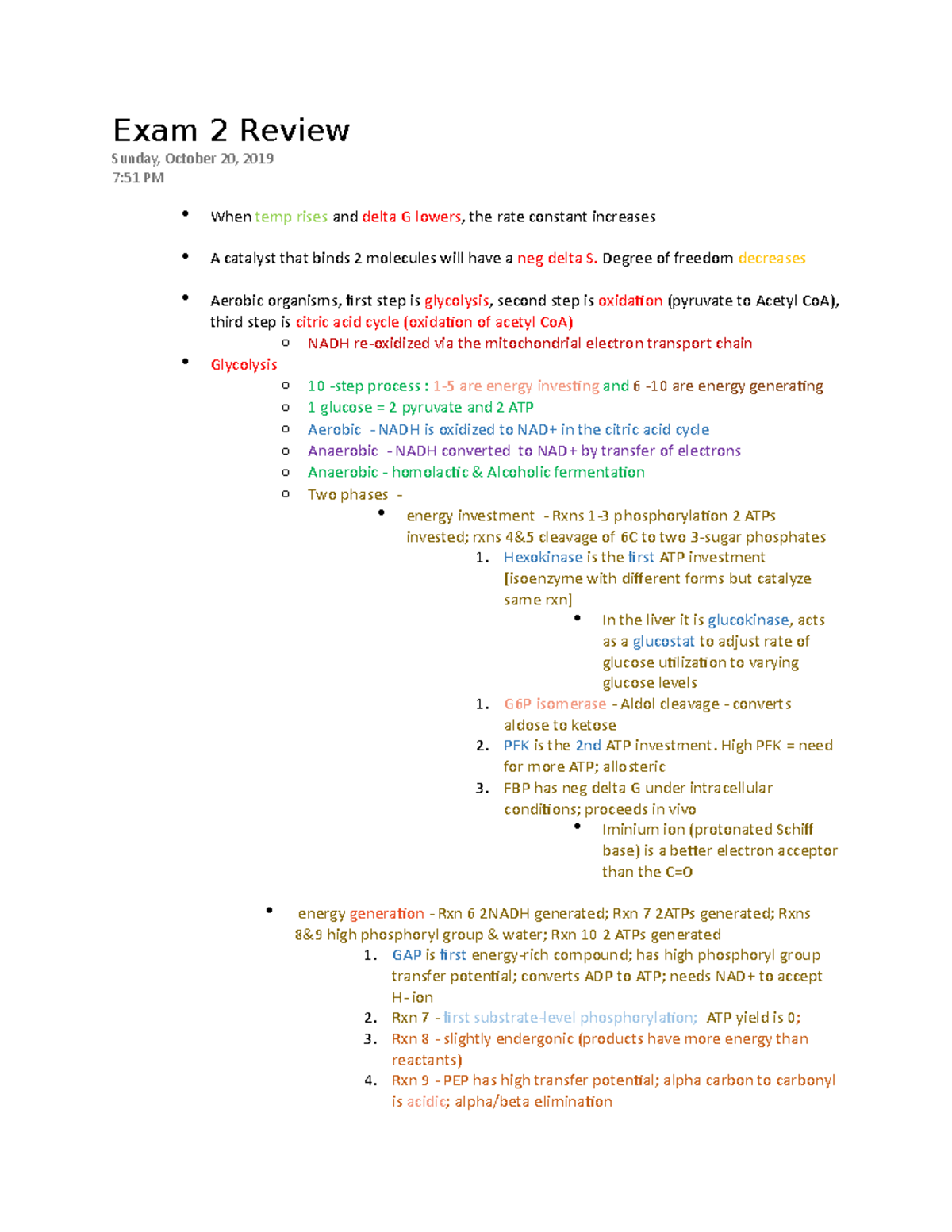 Biochem I Exam 2 Review - Glycolysis & Gluconeogenesis - Exam 2 Review ...