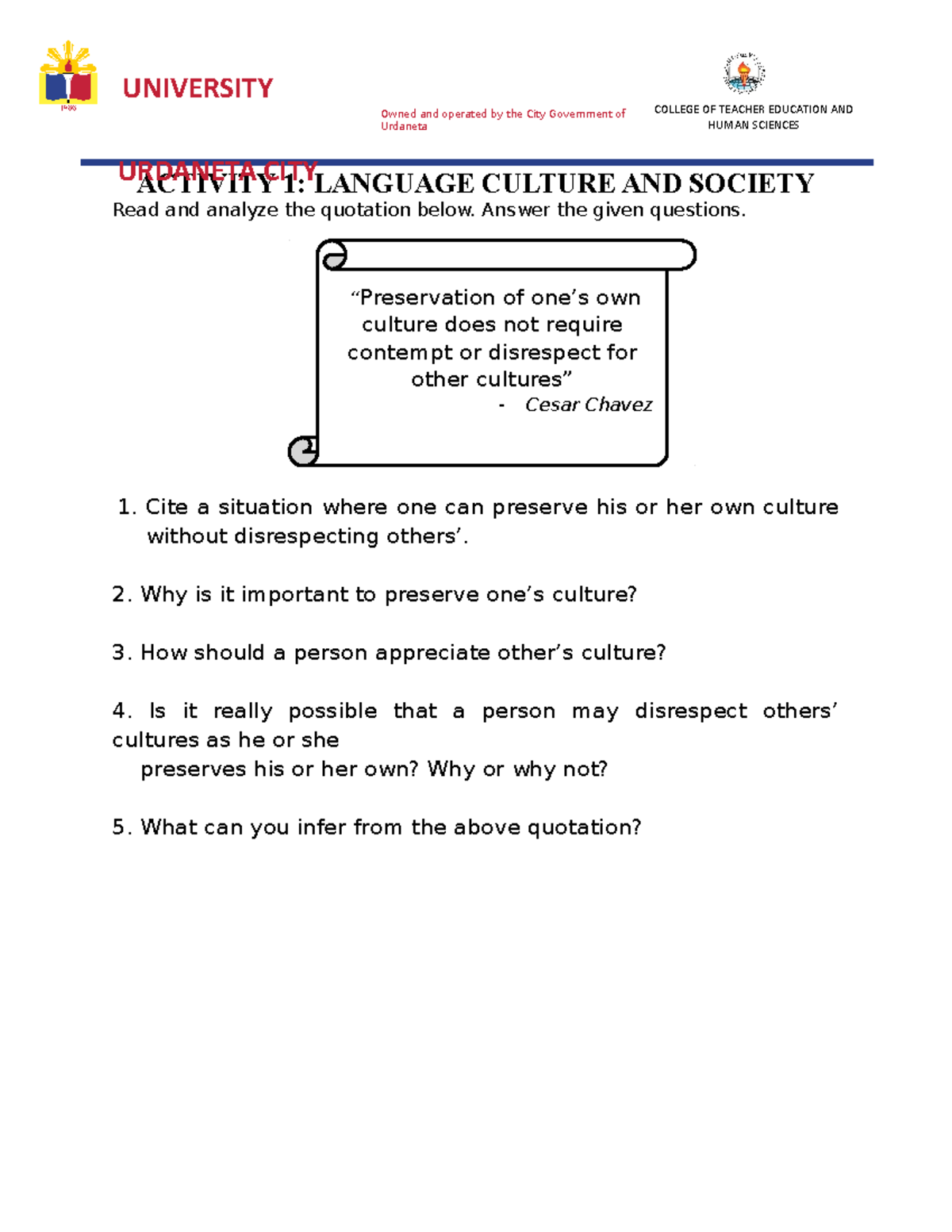 Activity 1 - ACTIVITY 1: LANGUAGE CULTURE AND SOCIETY Read and analyze ...