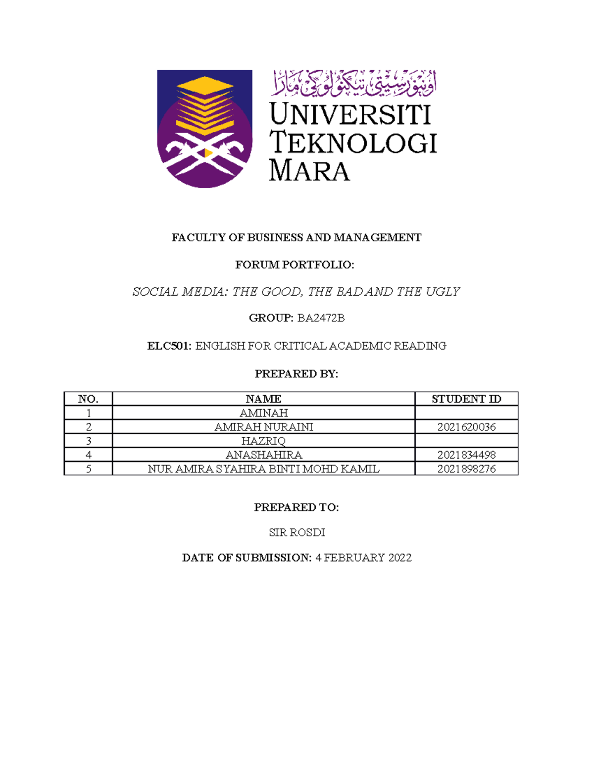 ELC 501 Forum Portfolio - FACULTY OF BUSINESS AND MANAGEMENT FORUM ...