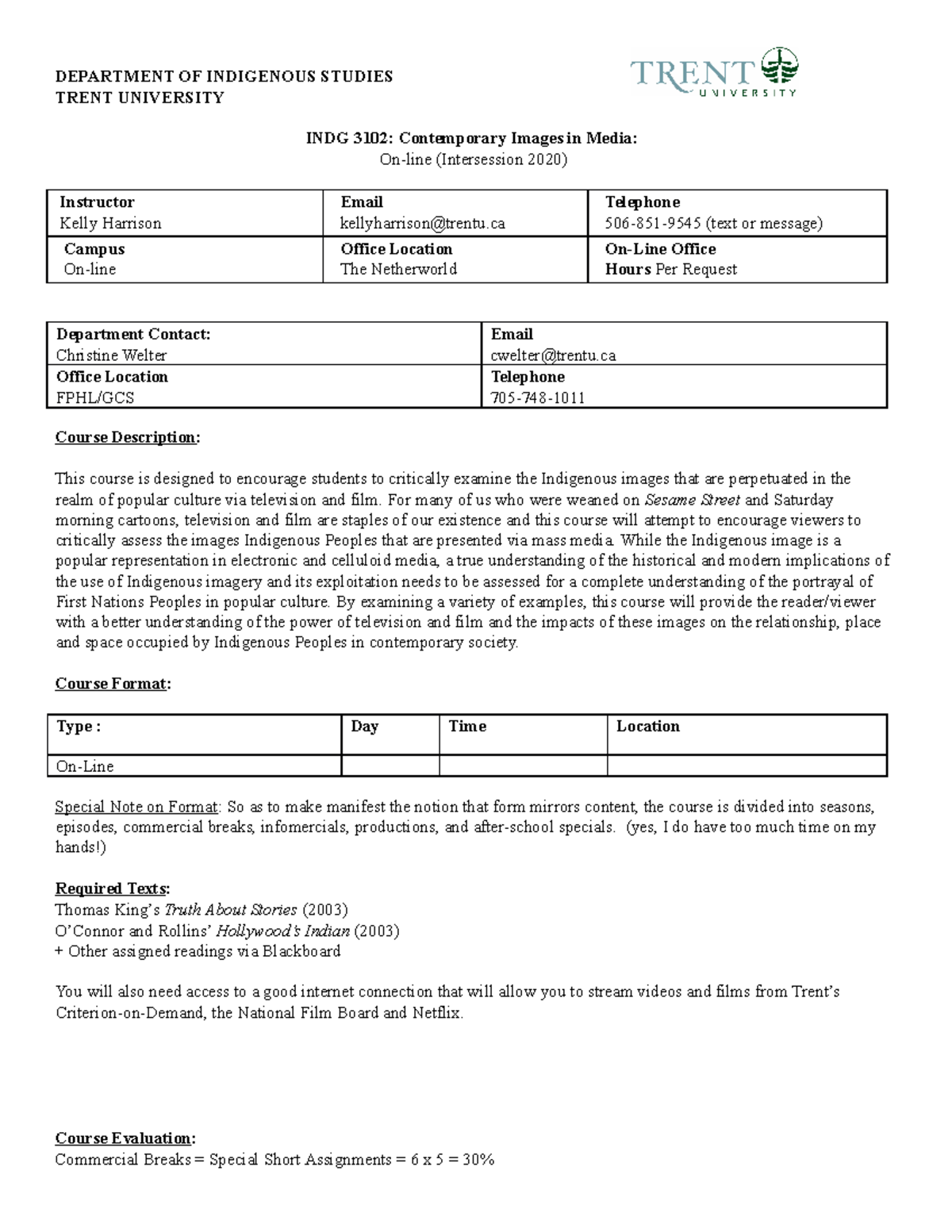 INDG 3102 syllabus - DEPARTMENT OF INDIGENOUS STUDIES TRENT UNIVERSITY ...