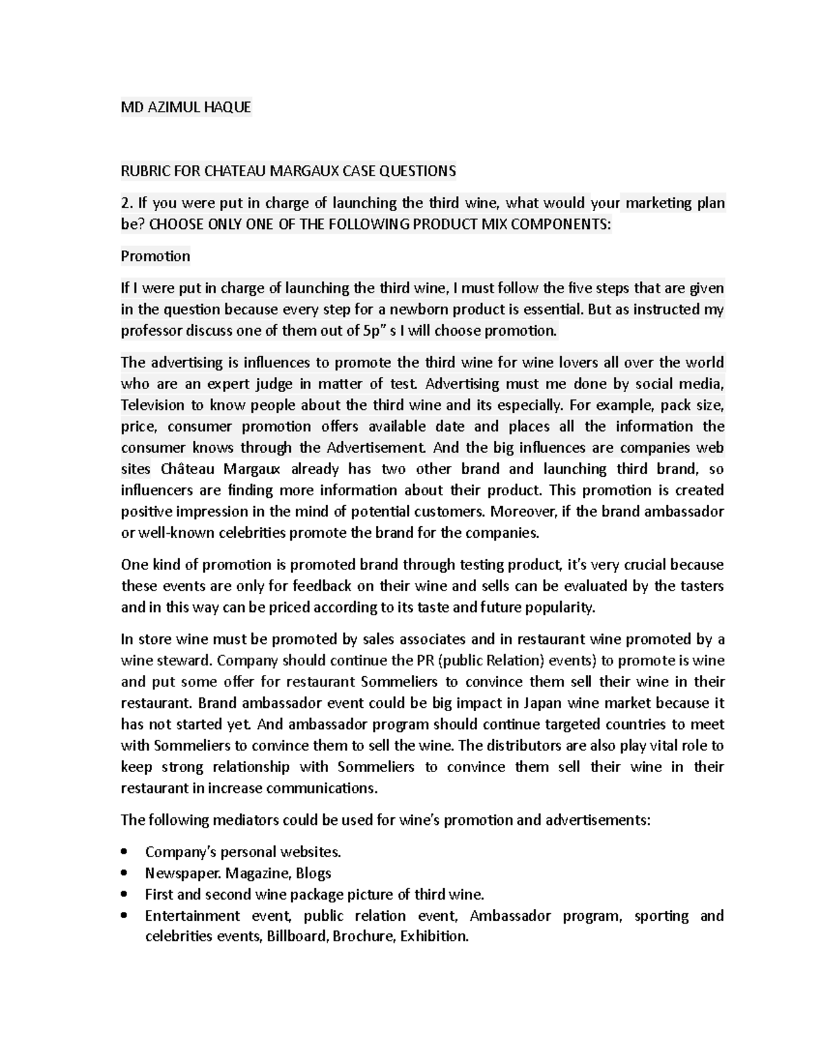 Marketing case 1 - cental banking - MD AZIMUL HAQUE RUBRIC FOR CHATEAU ...