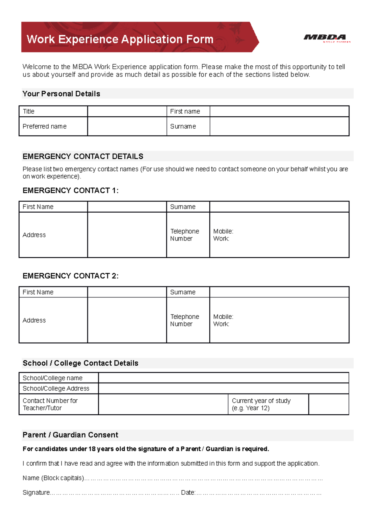 Work Experience Application Form 2019 - Welcome to the MBDA Work ...