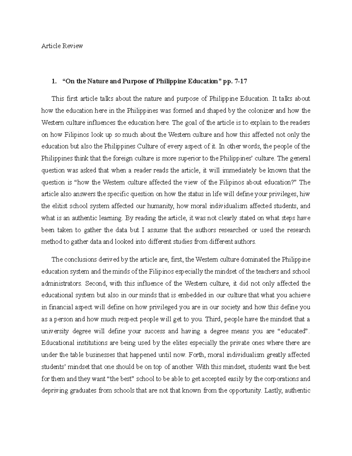 Article Reviews - “On the Nature and Purpose of Philippine Education ...