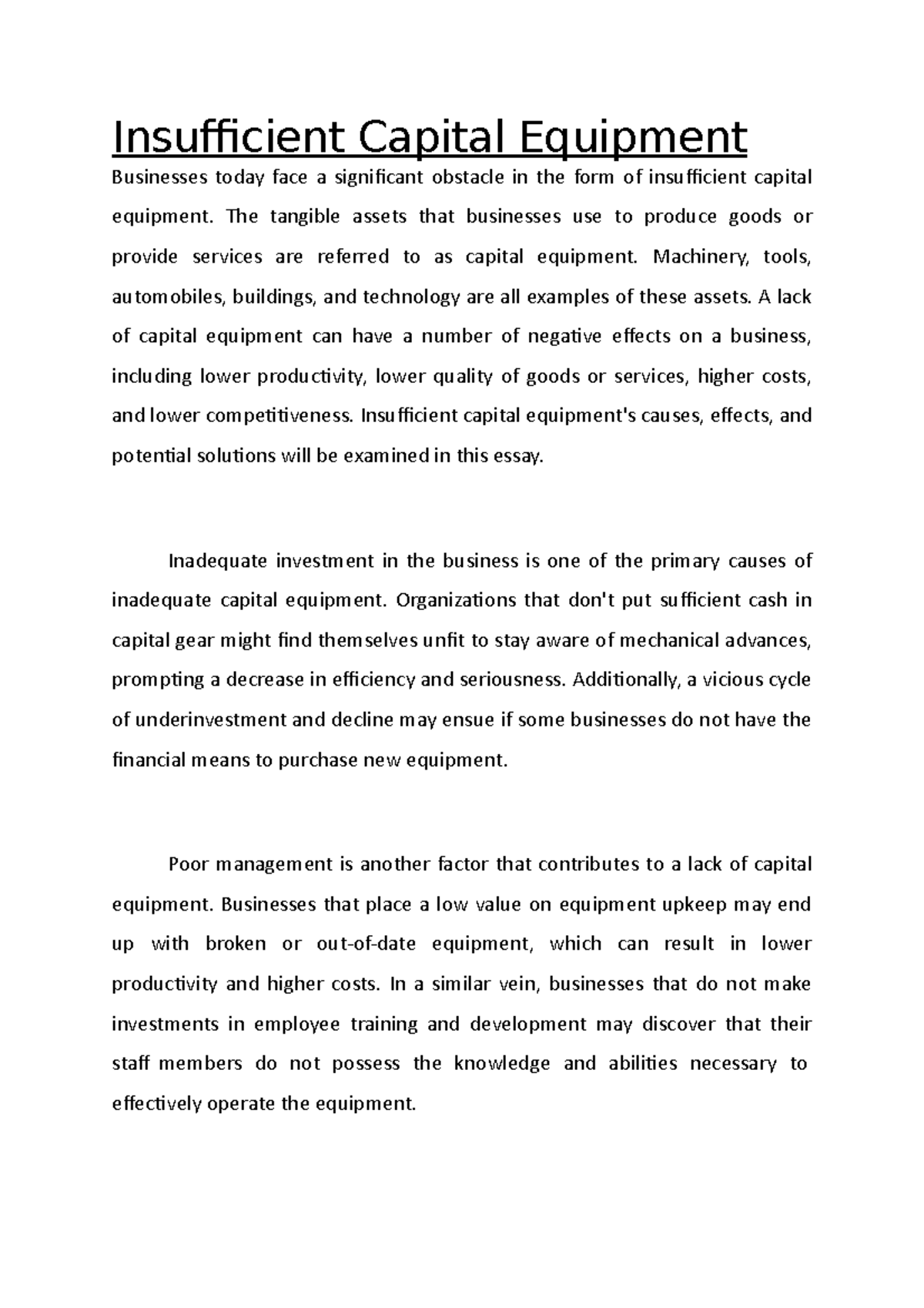 Insufficient Capital Equipment - Insufficient Capital Equipment ...