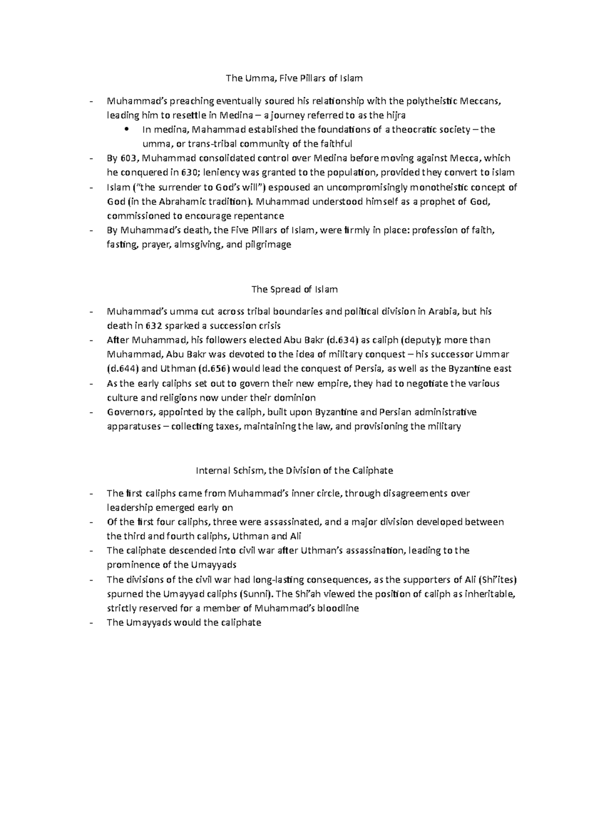 The Umma - lecture notes - The Umma, Five Pillars of Islam Muhammad’s ...