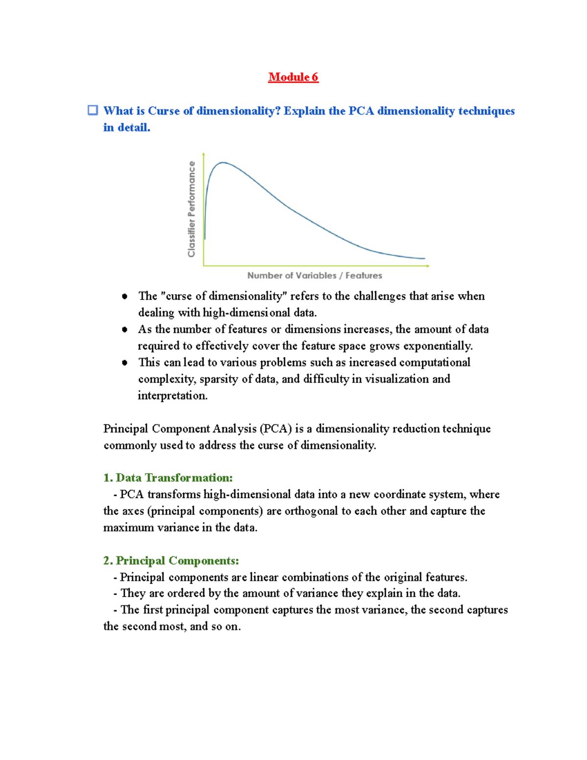 ML Module 6 - Notes - Module 6 What is Curse of dimensionality? Explain ...