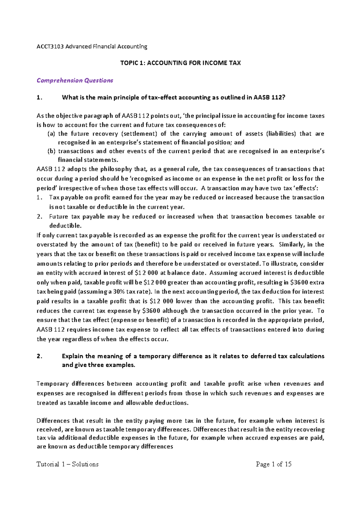 ACCT3103 Topic 1 Tutorial Solutions Final - A CCT3103 A dvanced Cinancial A ccounting Tht LC 1 ...