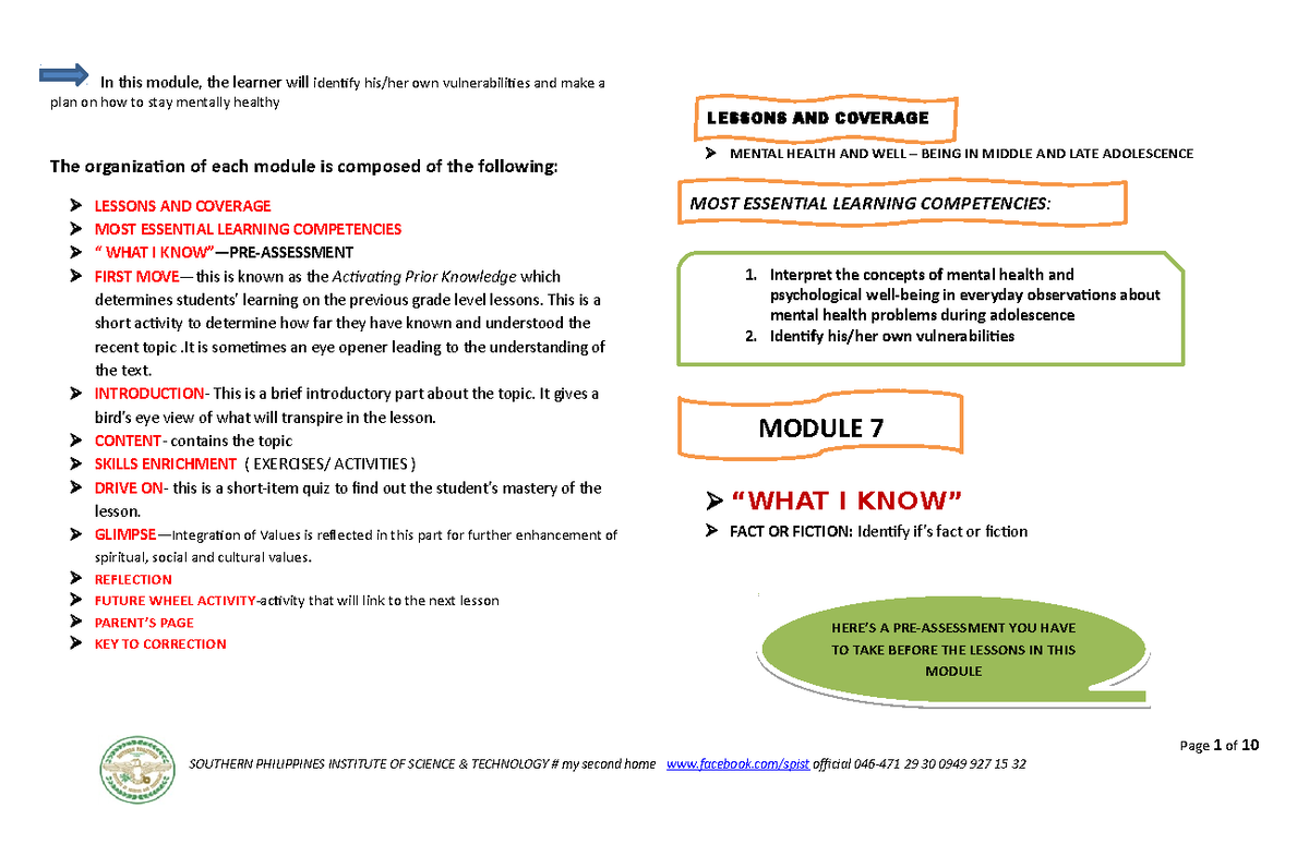 Module 7 - In this module, the learner will identify his/her own ...