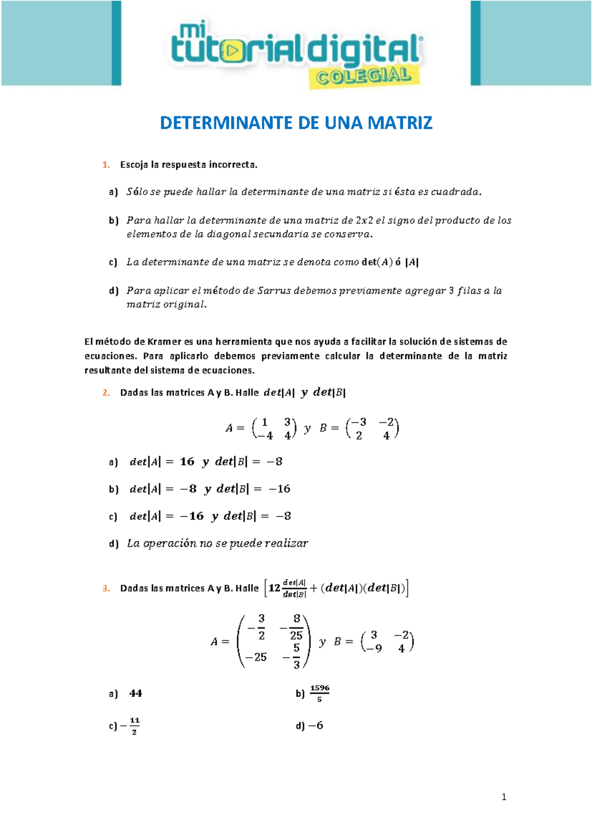 Determinante de una matriz, parte 1 - 1 DETERMINANTE DE UNA MATRIZ 1 ...