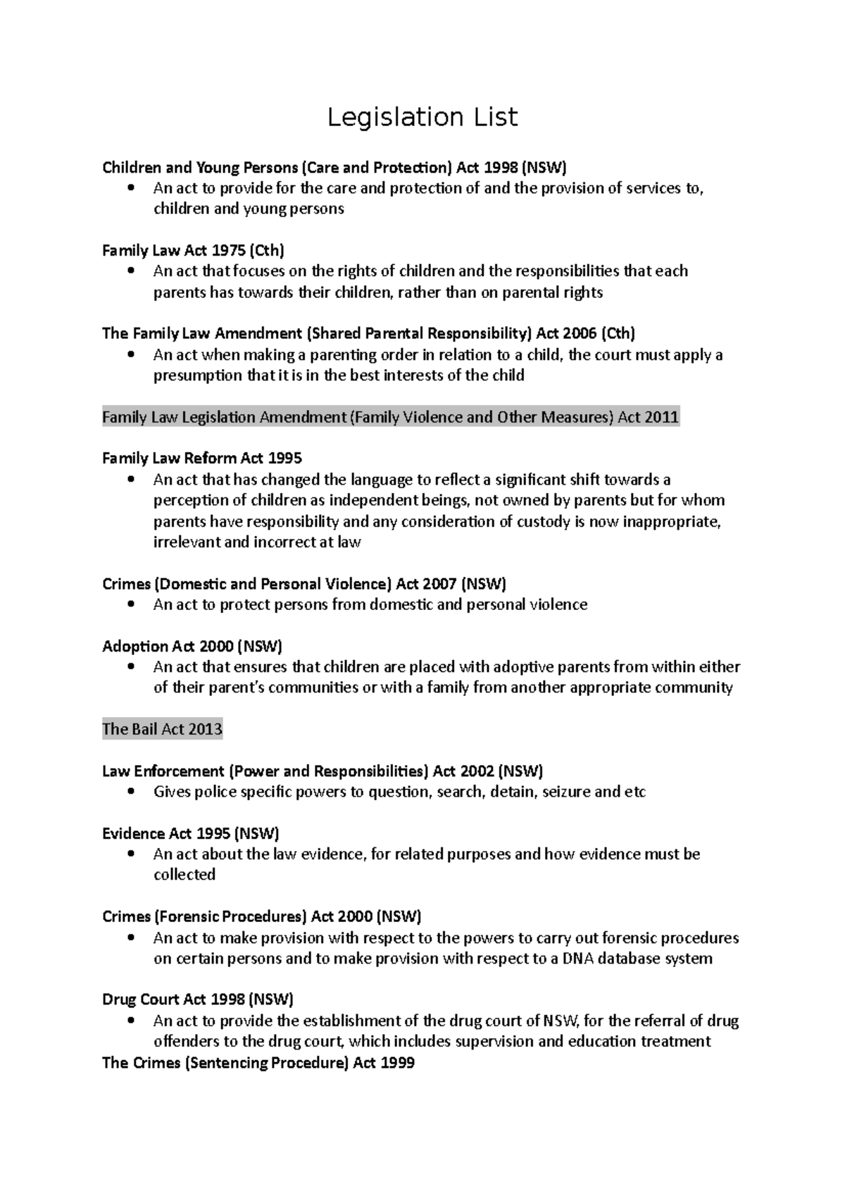 Legislation List ...