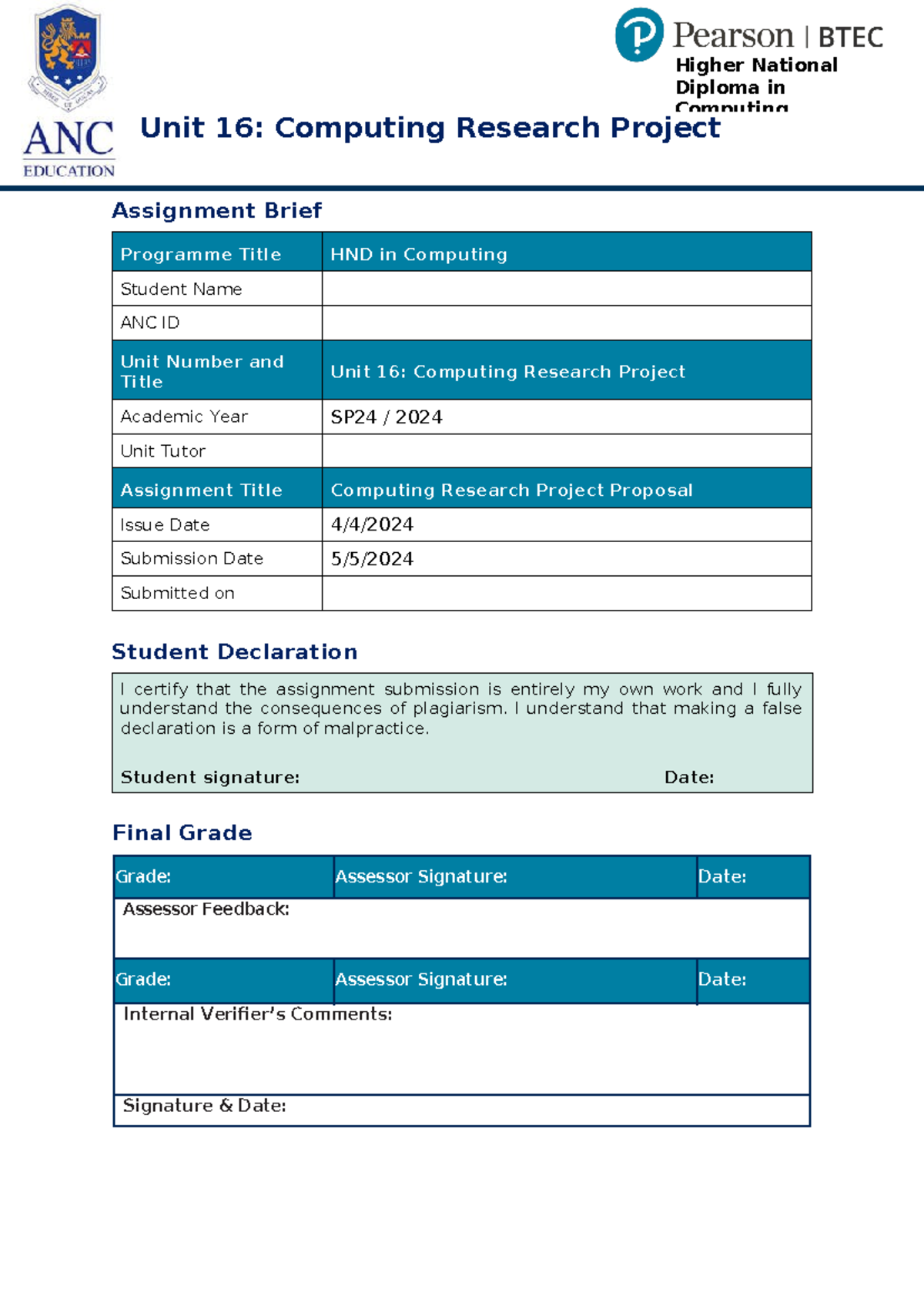 Unit 16 Computing Research Project PART 2 - Higher National Diploma in Computing Unit 16 ...