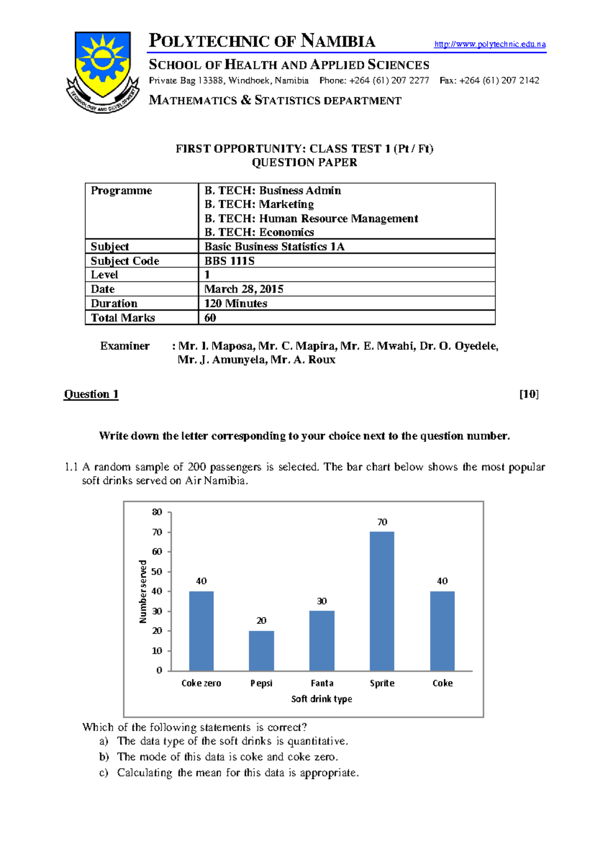 Class TEST 1 Question Paper 2015 28 - POLYTECHNIC OF N AMIBIA ...