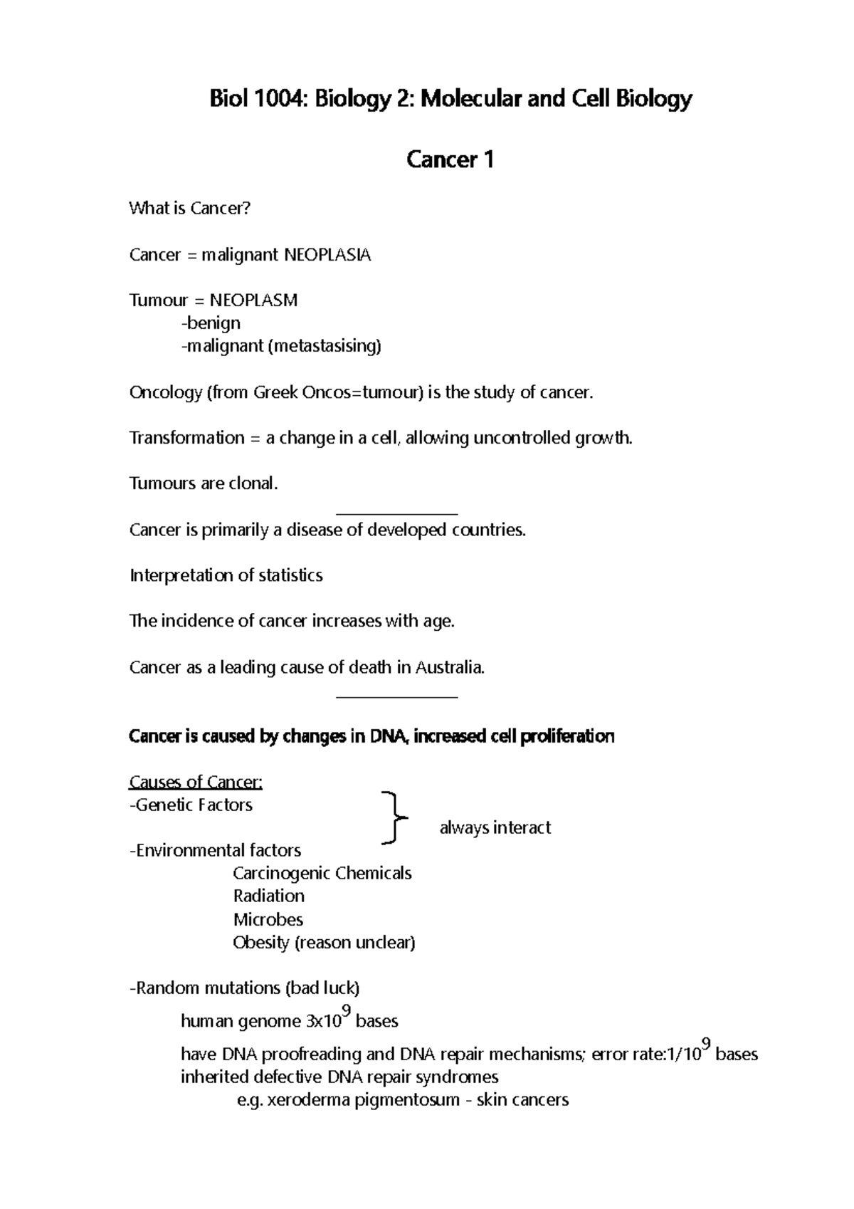 Cancer 1 - Provided lecture notes -2021 - Biol 1004 : Biology 2 ...