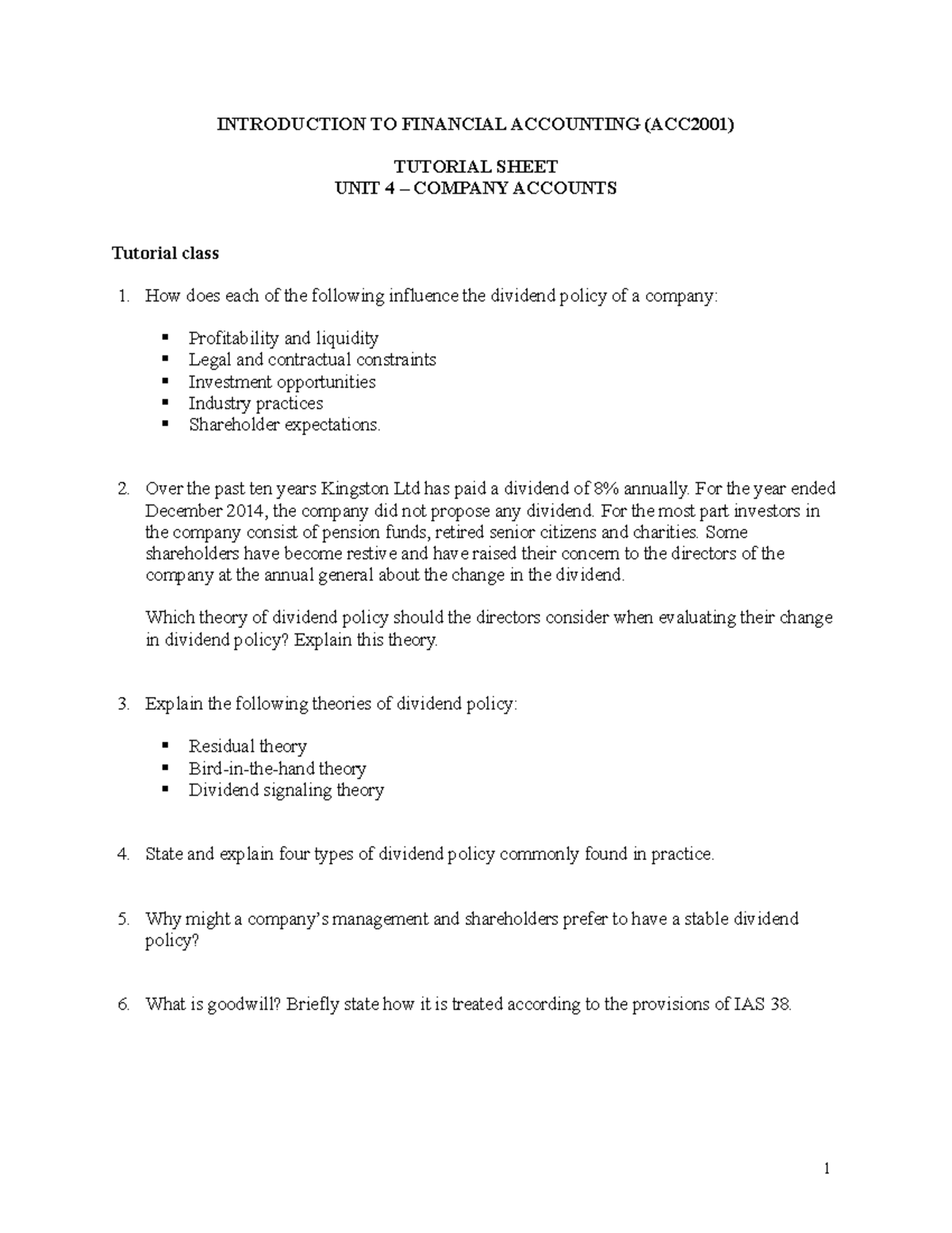 Unit 4 - Company accounts tutorial sheet - 1 INTRODUCTION TO FINANCIAL ...