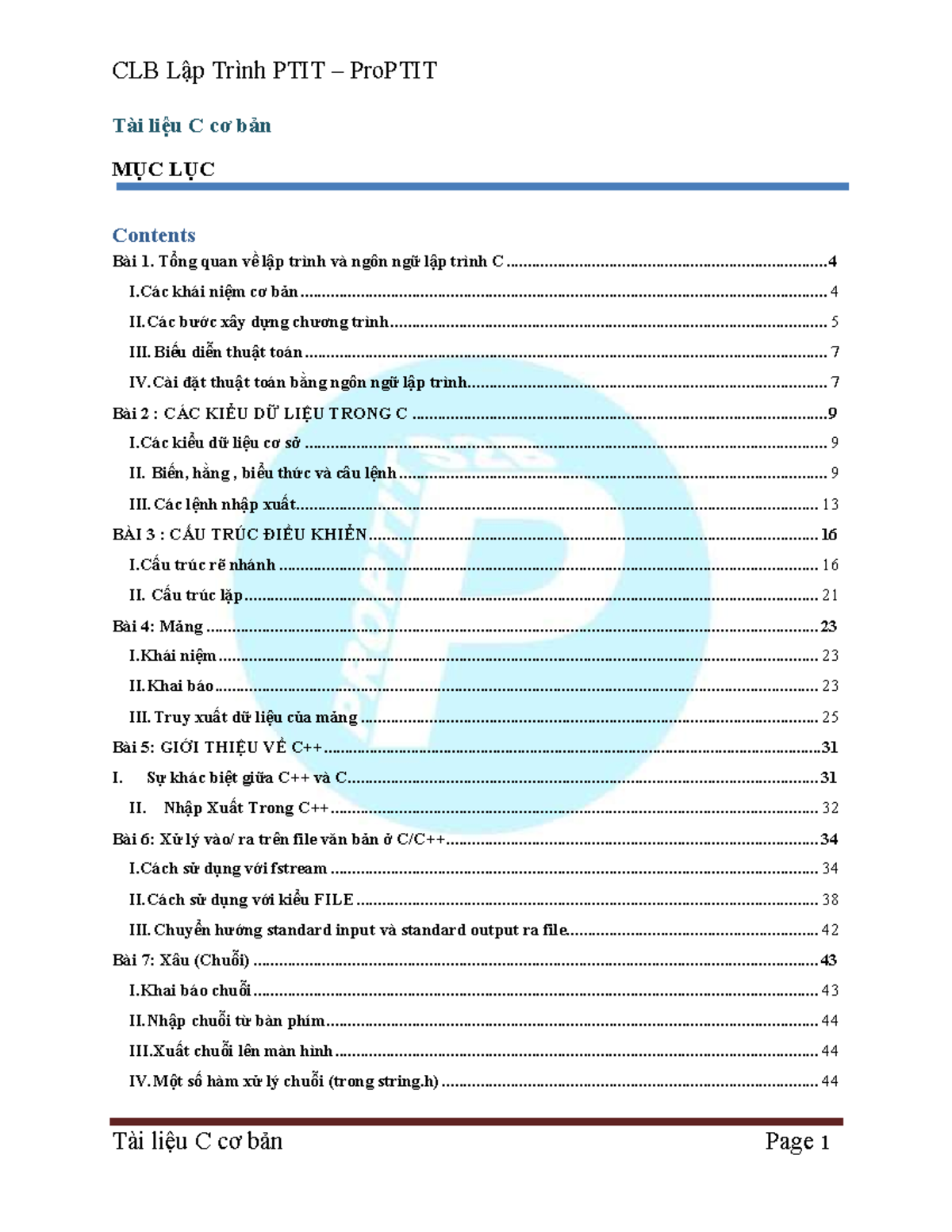 2 1 lap trinh c - ok hay lam - Tài liệu C cơ bản MỤC LỤC Bài 1. Tổng ...