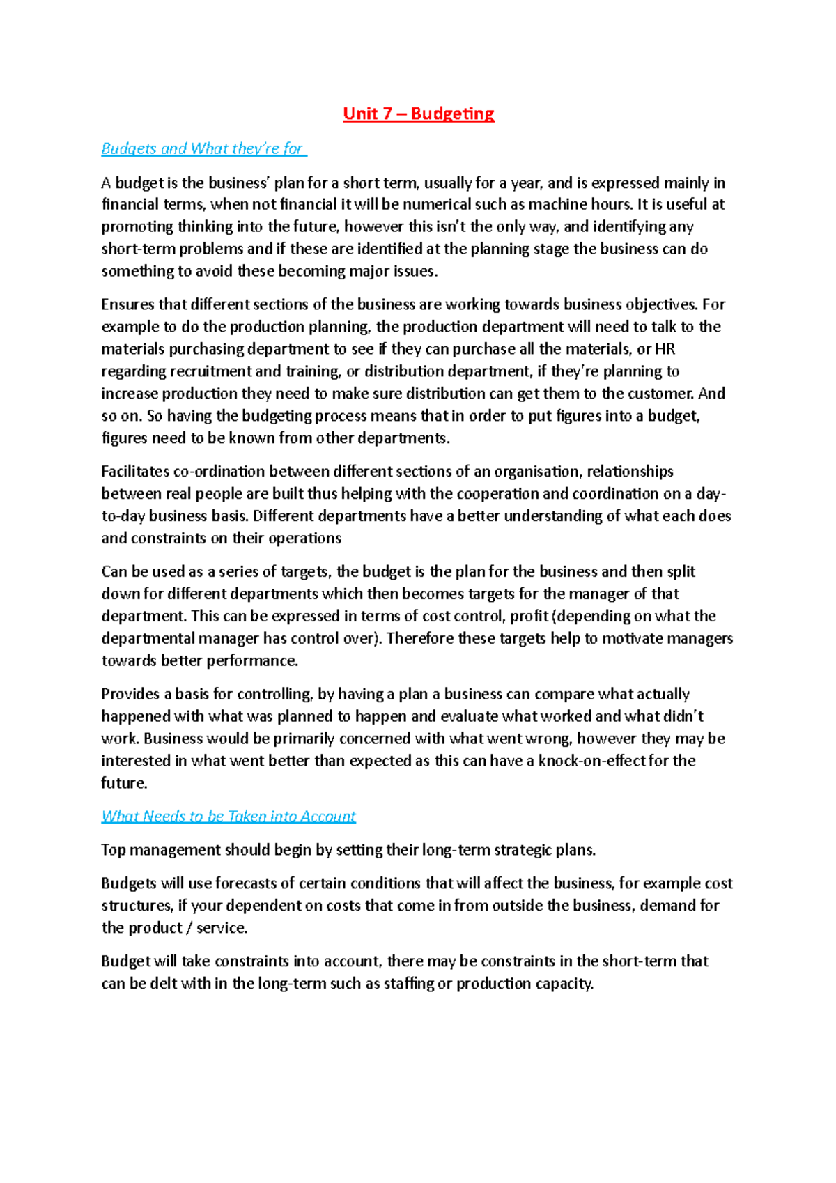 Unit 7 - Budgeting - Unit 7 – Budgeting Budgets and What they’re for A ...