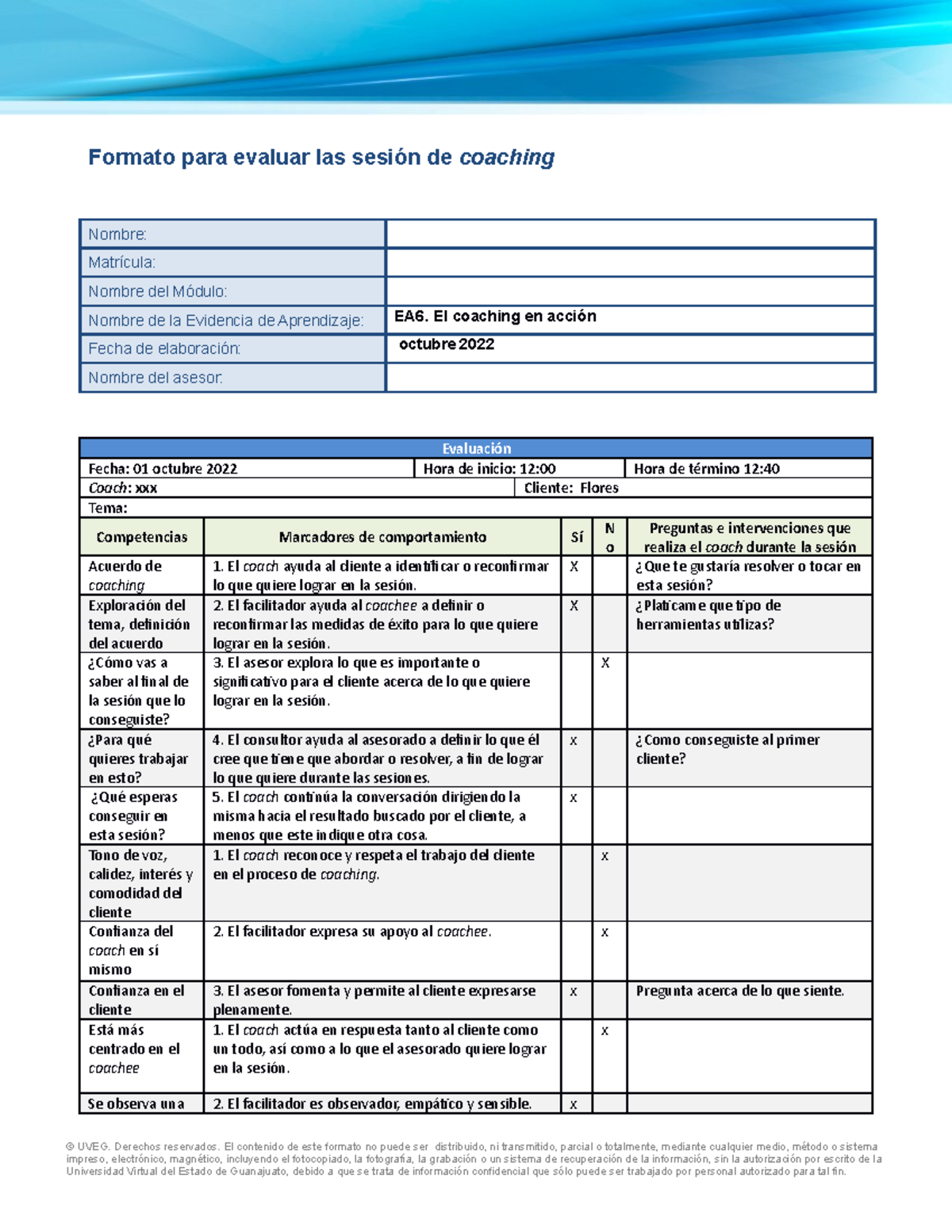 Autoevaluación sesión coaching - Formato para evaluar las sesión de ...