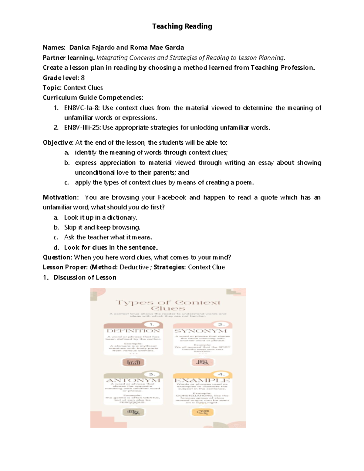 Context Clues Lesson Plan- Teaching Reading - Names: Danica Fajardo and ...