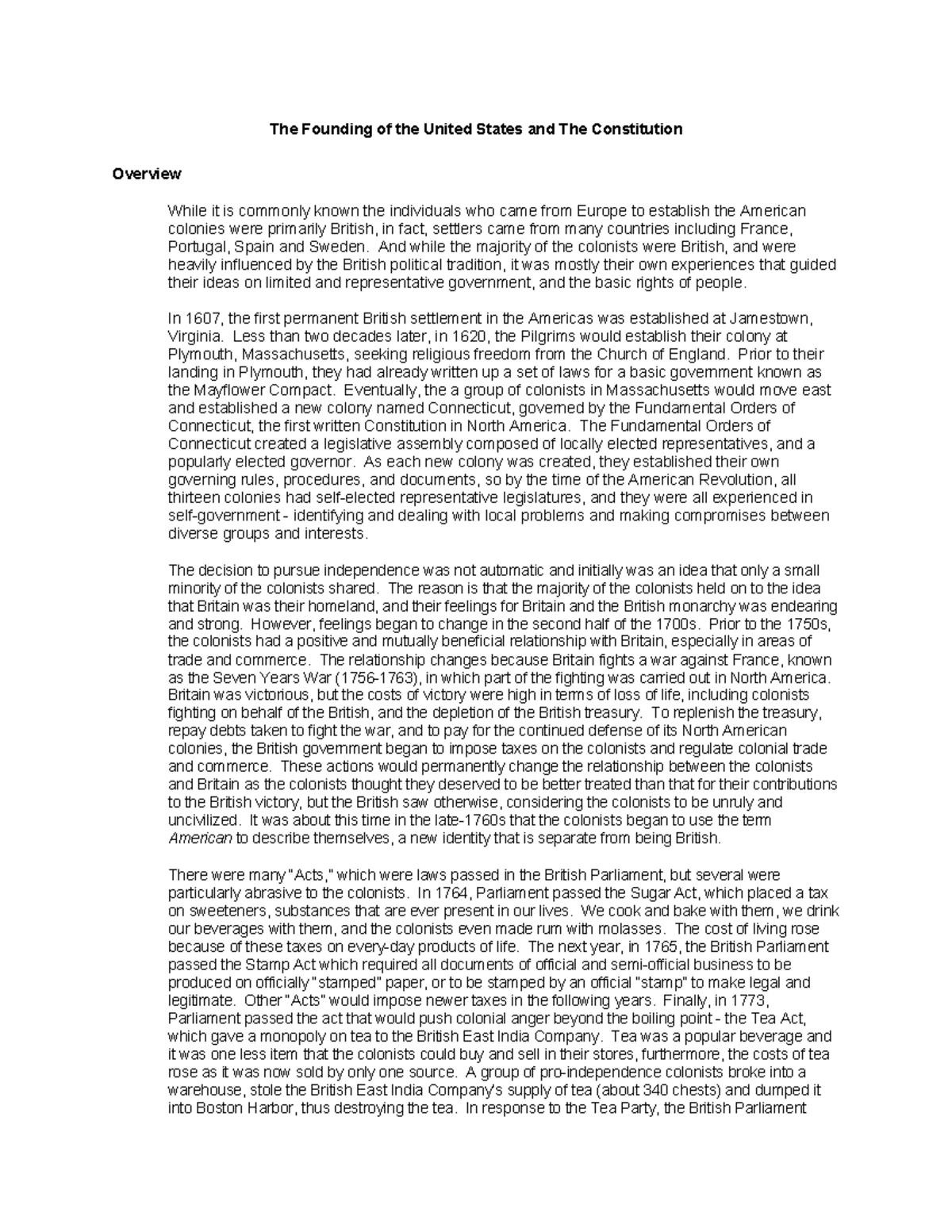 The Founding and the Constitution - Lecture Notes - The Founding of the ...