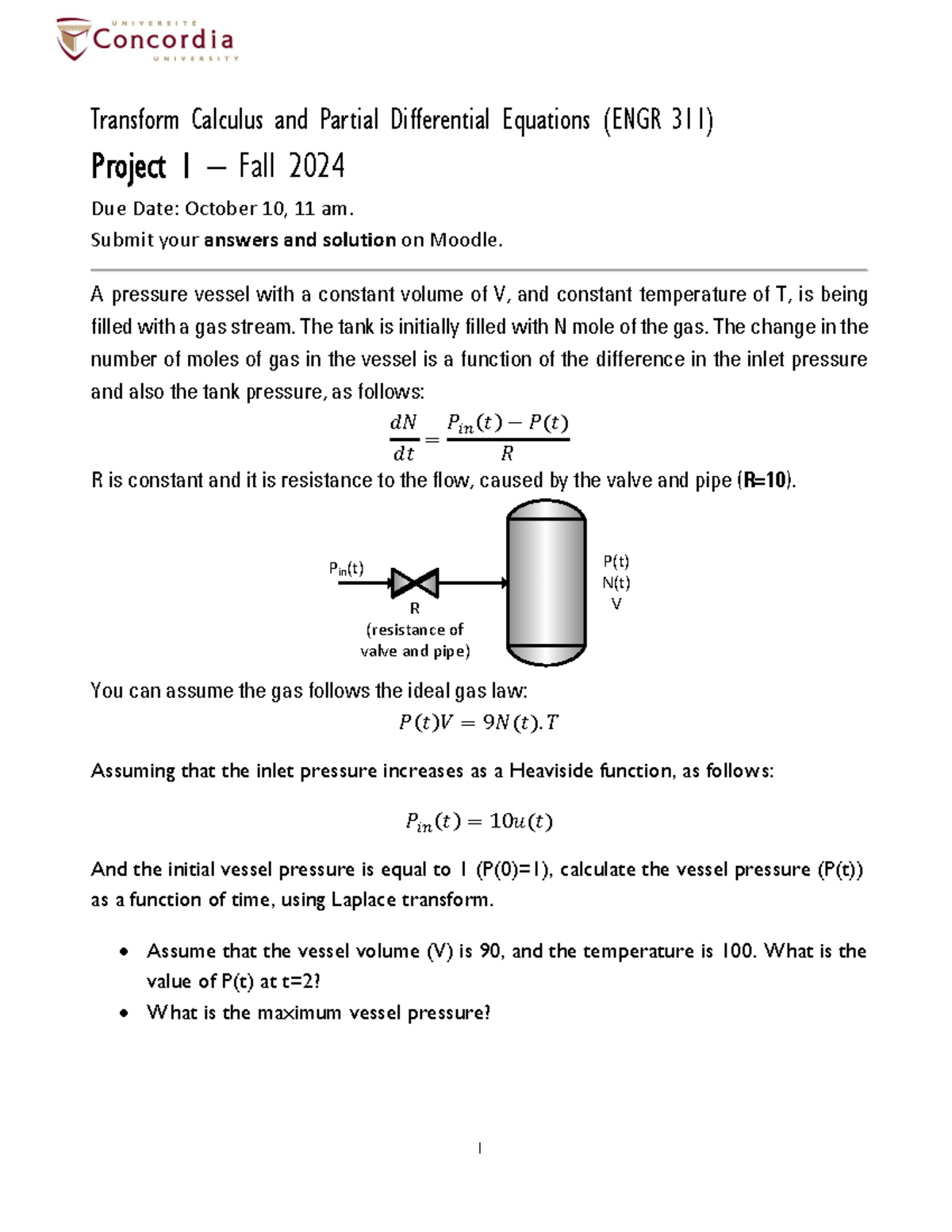 Project 1-Solution - 1 Transform Calculus and Partial Differential Equations (ENGR 311 ) Project ...