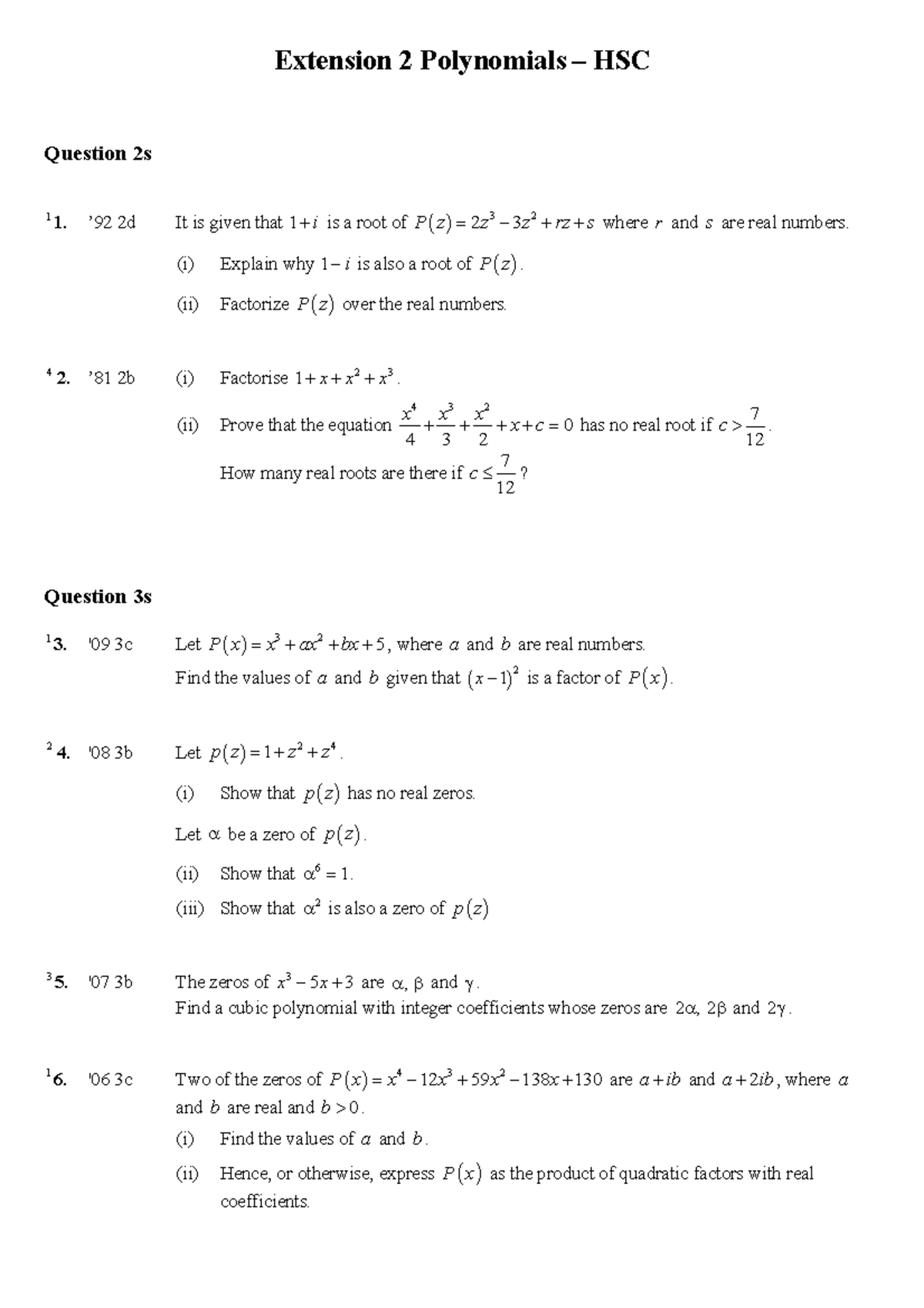 Polynomials HSC Qs - Maths Ext 1 - ####### ####### - Studocu