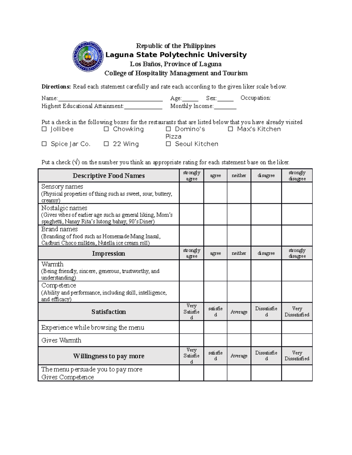 Questionnaires - Republic of the Philippines Laguna State Polytechnic ...