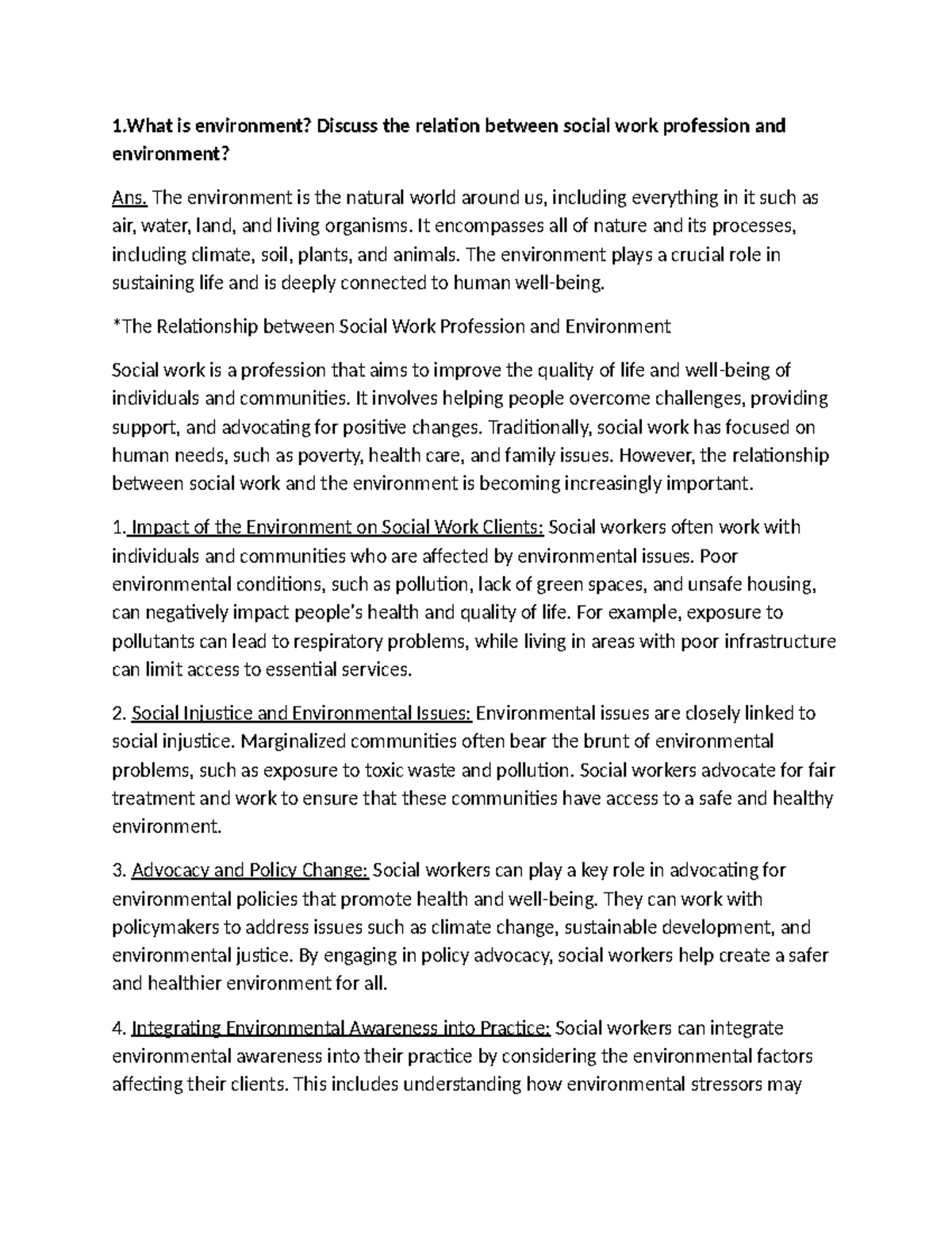 Environmental social work - 1 is environment? Discuss the relation ...