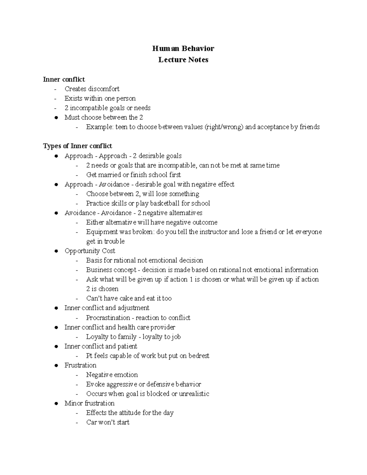 Human Behavior - Human Behavior Lecture Notes Inner conflict - Creates ...