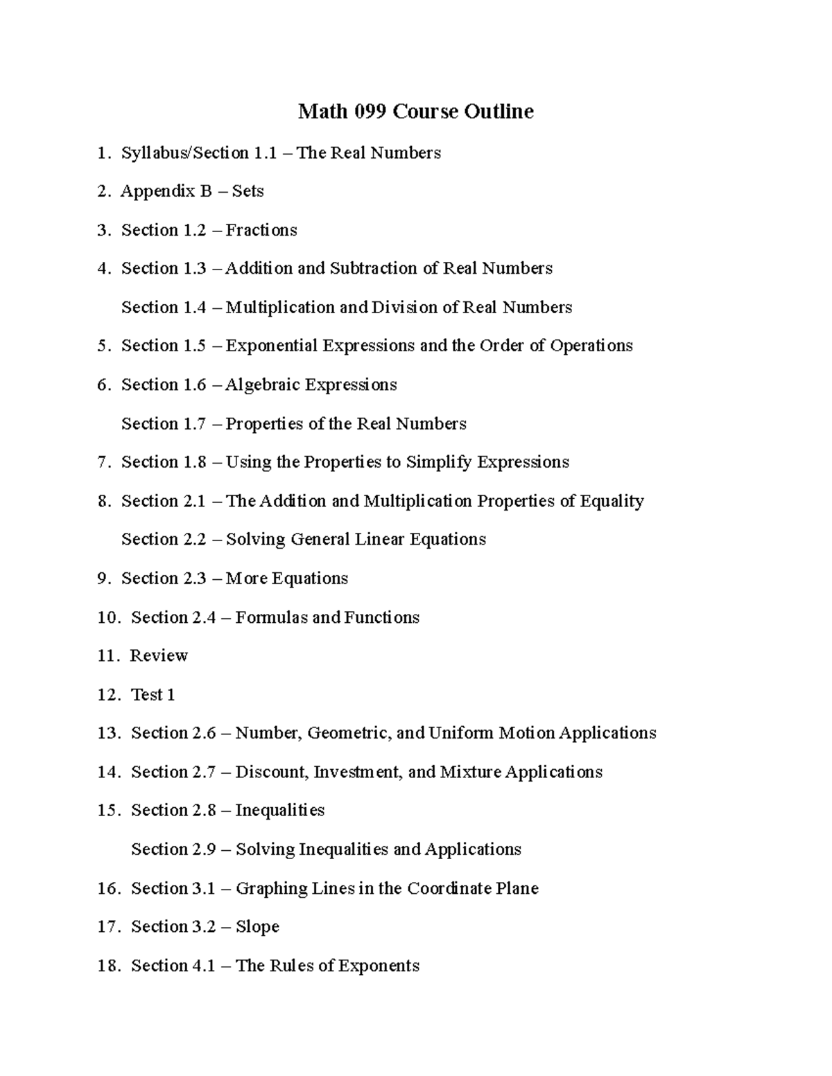 Math 099 Course Outline - Math 099 Course Outline Syllabus/Section 1 ...