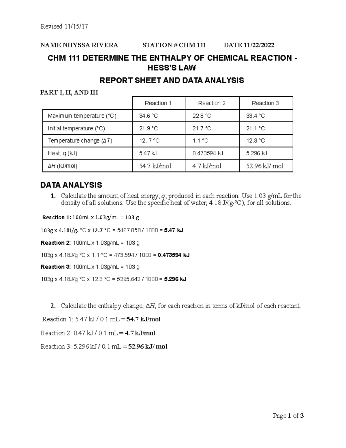 Week 10-Exp-8-Report Sheet and Data Analysis-CHM 111 Determine the ...