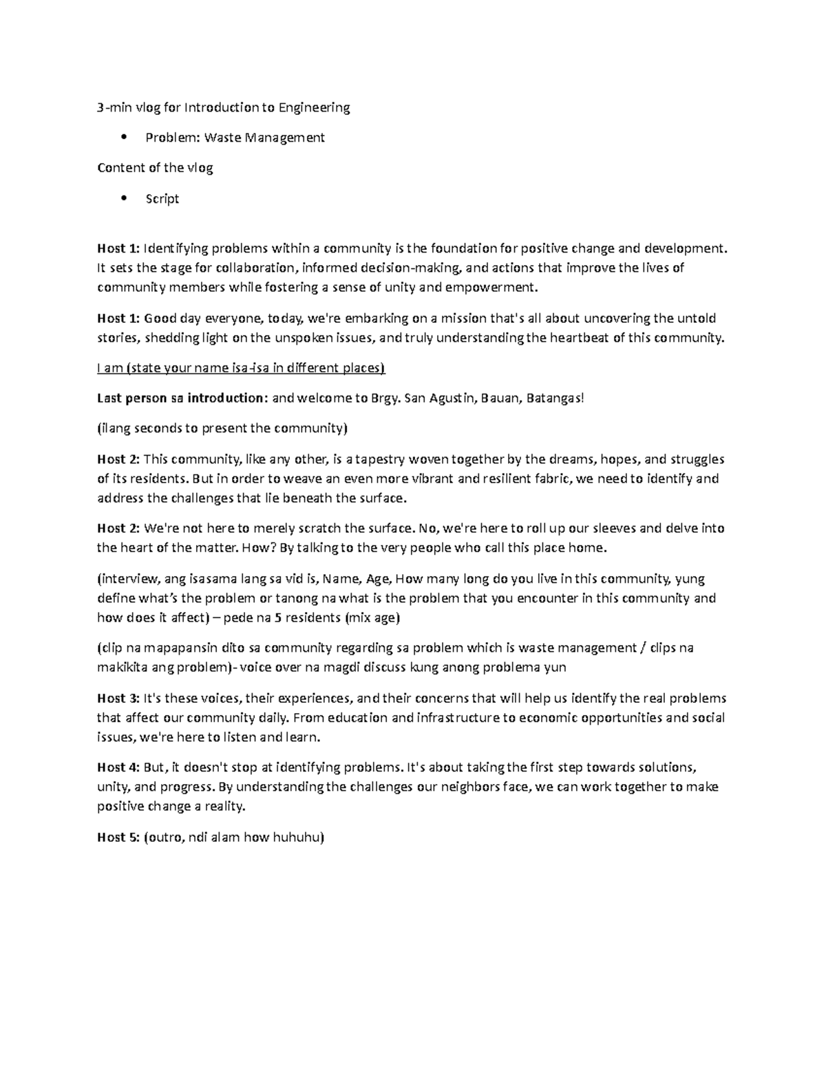 Vlog script - nnn - 3-min vlog for Introduction to Engineering Problem ...