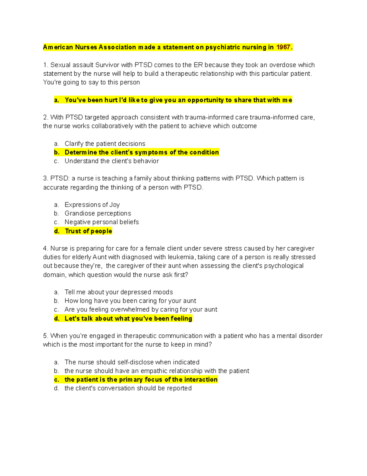 Mental Health Quiz 1 Notes - American Nurses Association made a ...