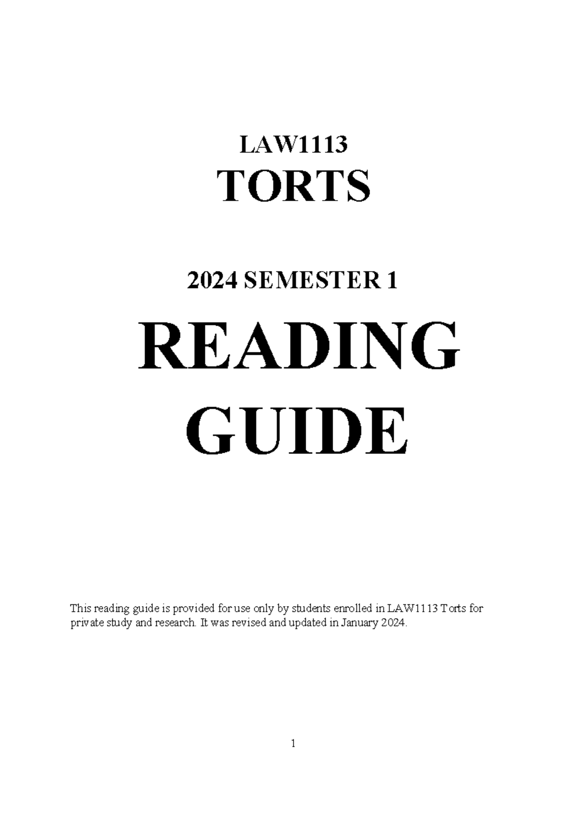 2024 S1 LAW1113 Torts Reading Guide - LAW TORTS 2024 SEMESTER 1 READING ...
