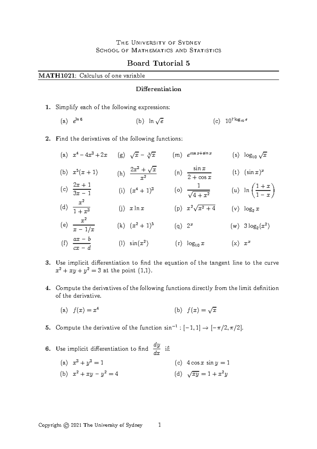 Board Tutorial-5 - The University of Sydney School of Mathematics and ...