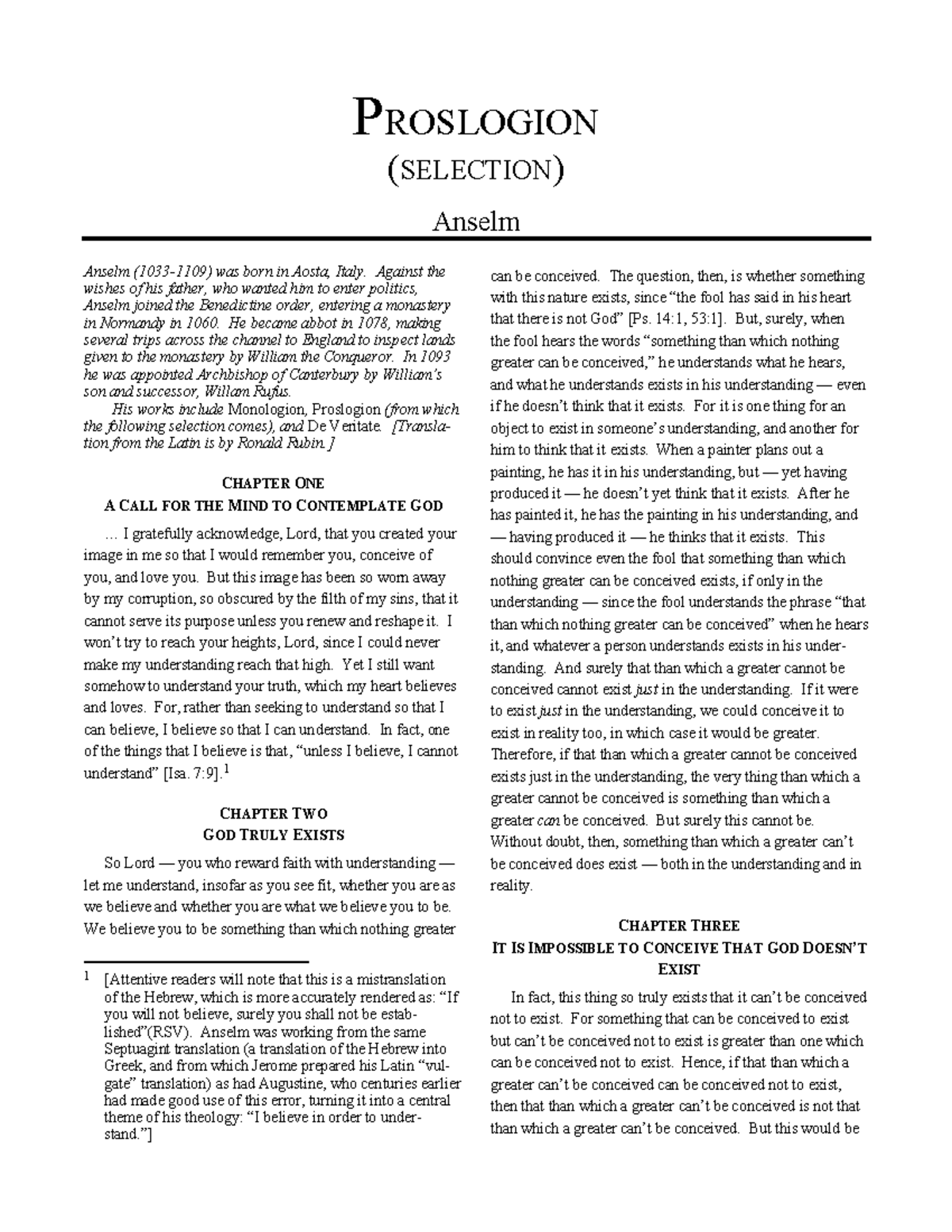 Anselm - Proslogion - philosophy - PROSLOGION (SELECTION) Anselm Anselm ...