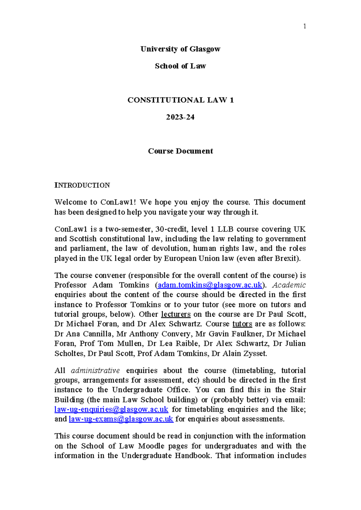 Con Law 1 Course Doc 2023 University Of Glasgow School Of Law Constitutional Law 1 2023