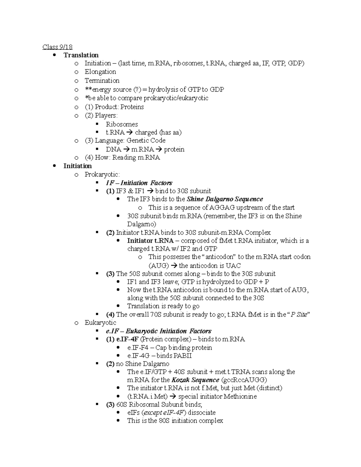Exam 2 Class Notes - Class 9/ Translation o Initiation – (last time, m ...