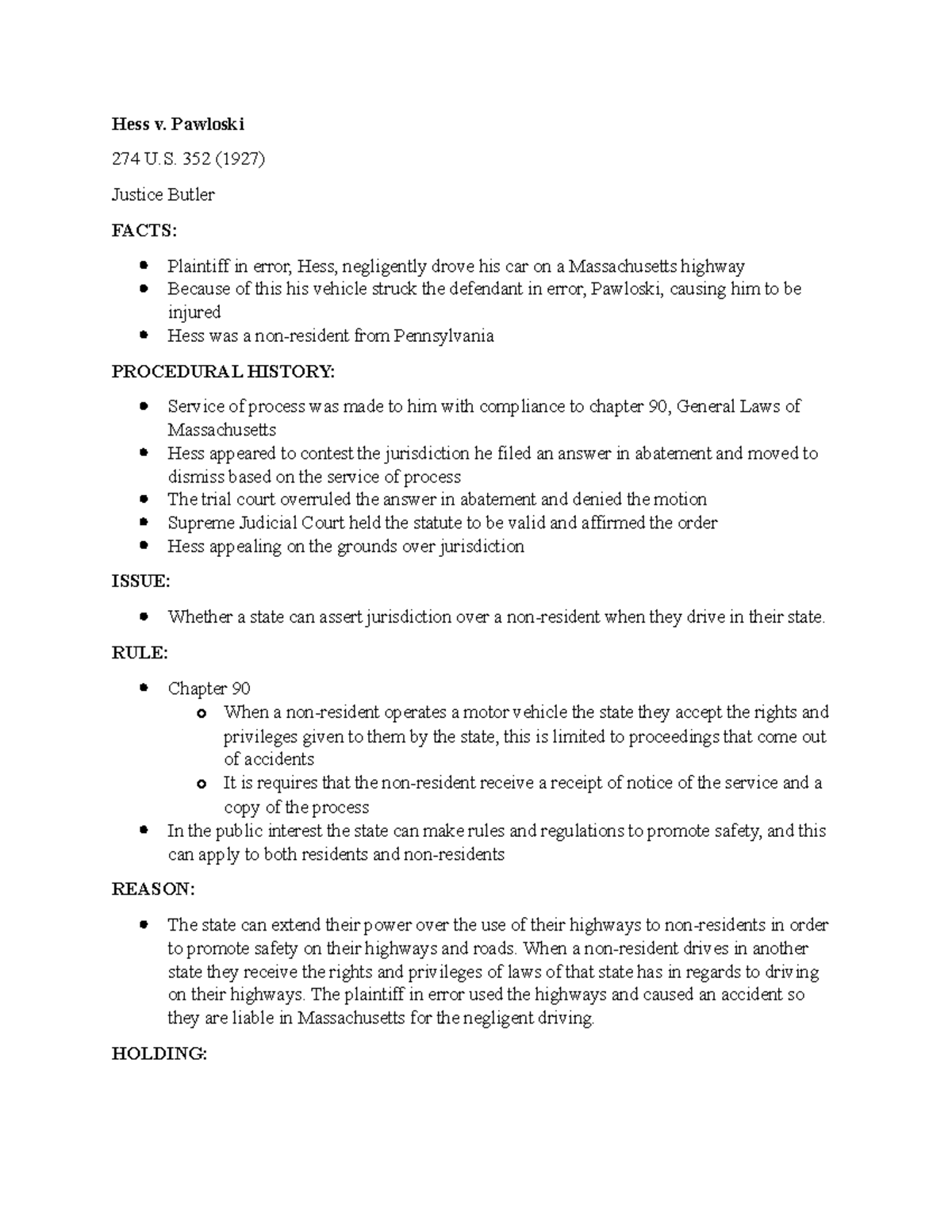 Hess v. Paw Case Brief - Hess v. Pawloski 274 U. 352 (1927) Justice ...