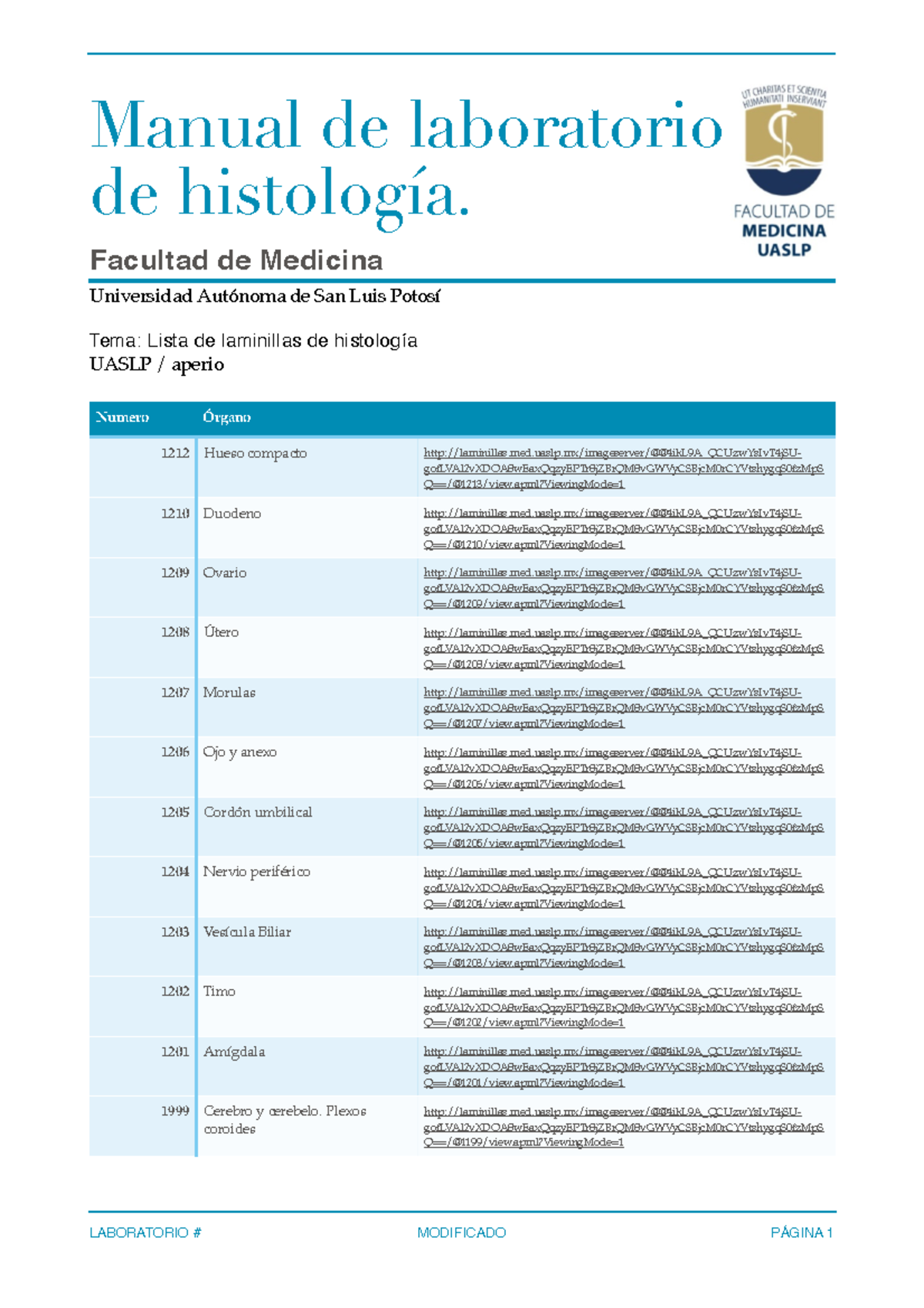 Lista laminillas Uaslp - Manual de laboratorio de histología. Facultad ...