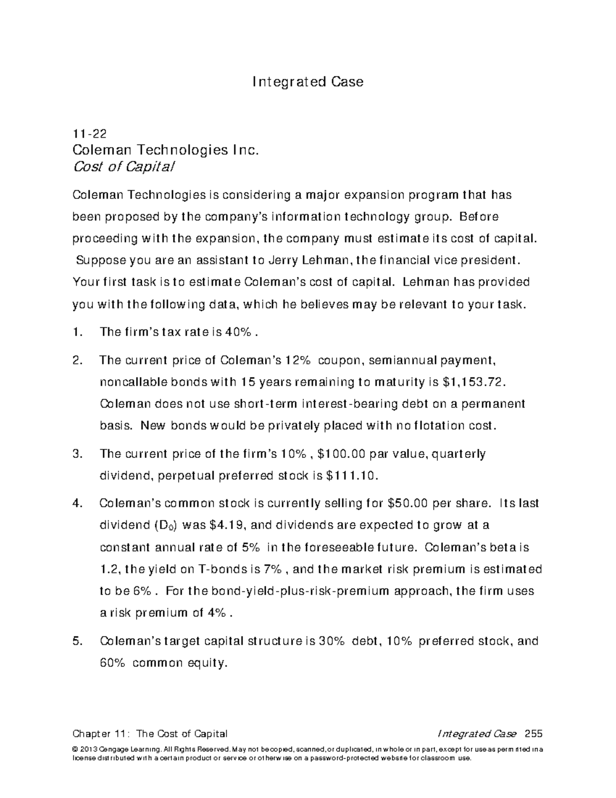 CH 11 - Solutions for book cases - Chapter 11: The Cost of Capital Integrated Case 255 ...