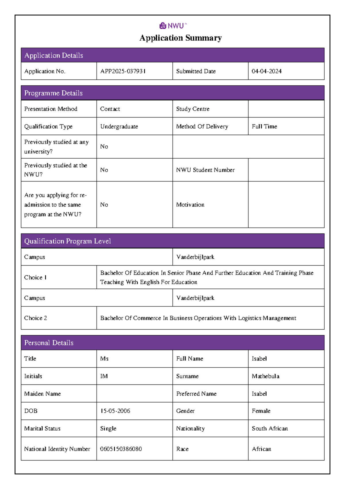 Application Summary APP2025-037931 - Application Summary Application ...