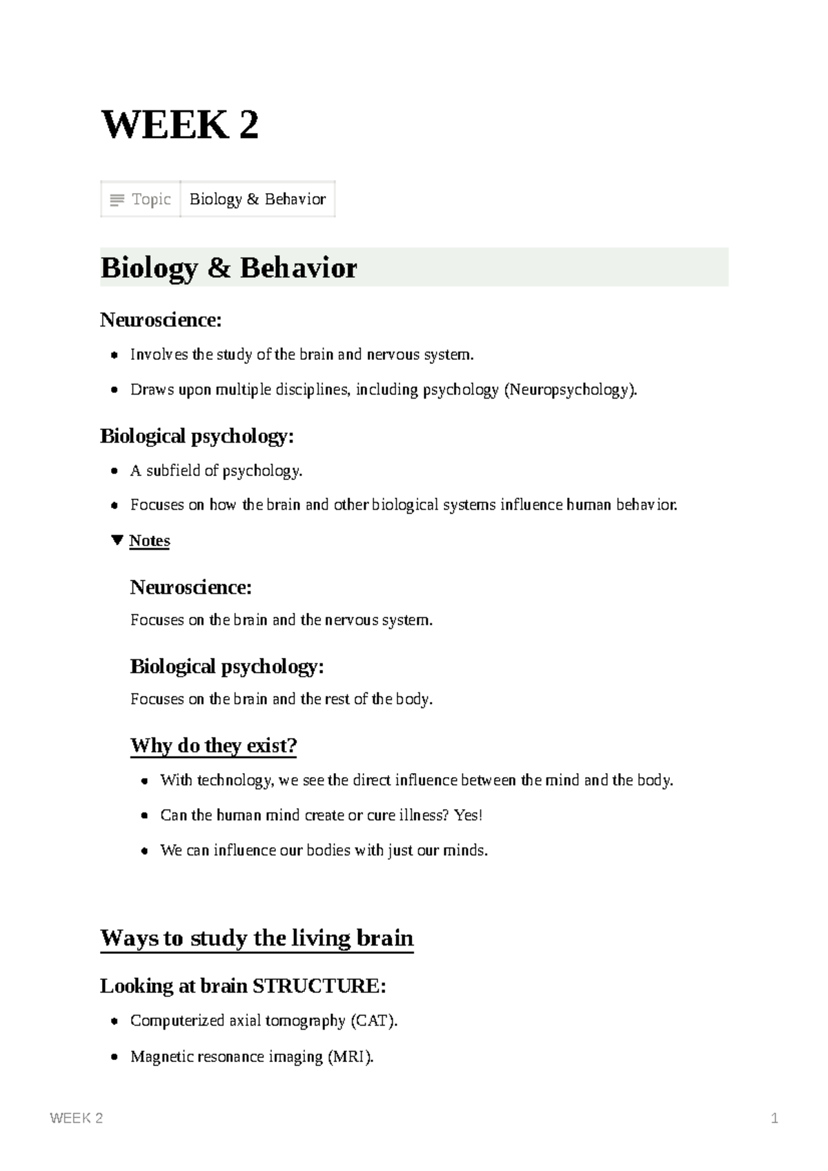 WEEK 2 - Sensation and perception - WEEK 2 Topic Biology & Behavior ...