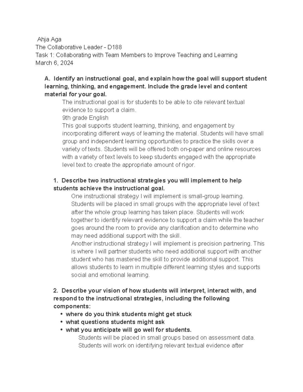 D188 Task 1 - passed - Ahja Aga The Collaborative Leader - D Task 1 ...