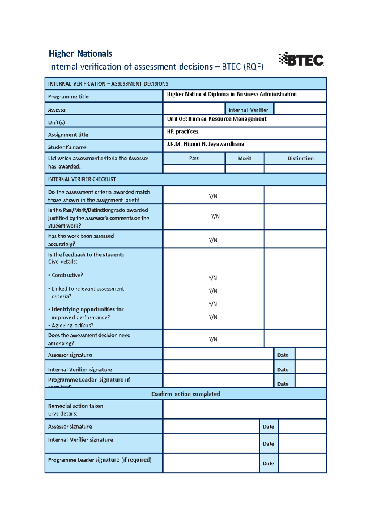 HRM assignment - Higher Nationals Internal verification of assessment ...